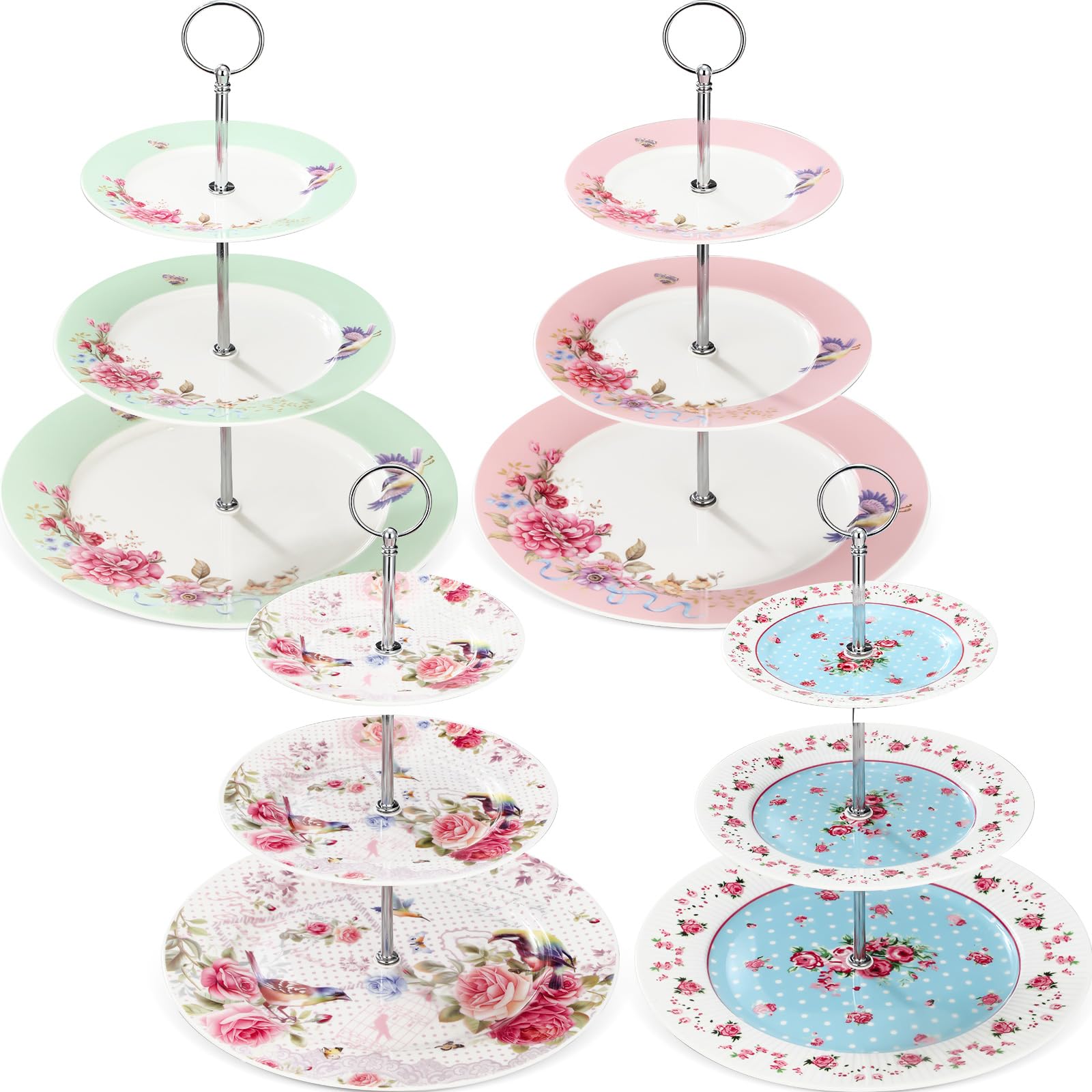 Dandat 4 Pcs 3 Tier Ceramic Cake Stand Floral Cupcake Display Round ...