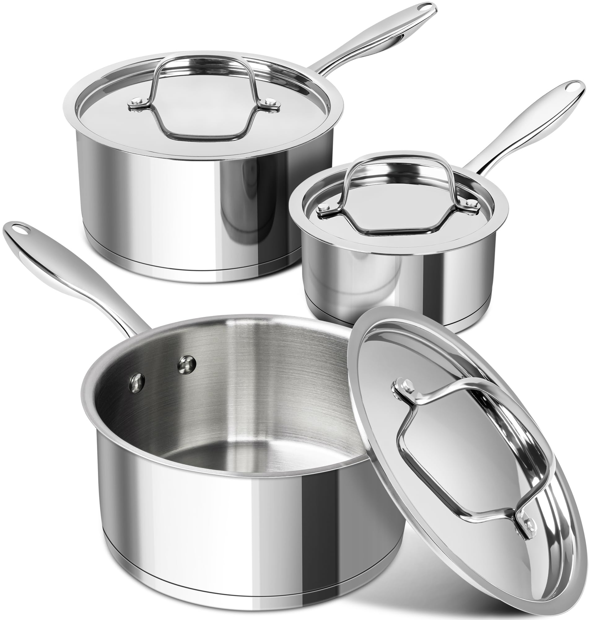 MICHELANGELO Stainless Steel Saucepan Set with Stainless Lids, Tri-Ply ...