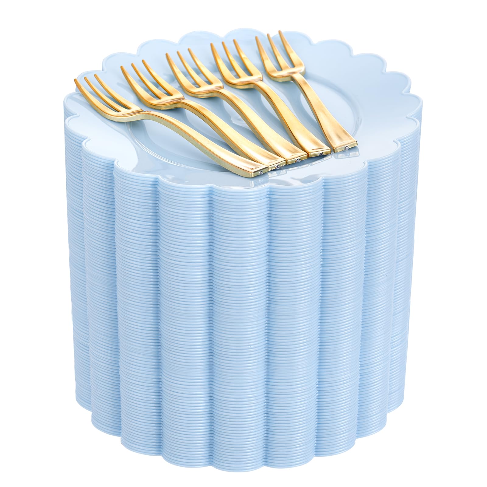 LIYH 200pcs Blue Plastic Plates and Gold Forks Blue Dessert Scalloped ...