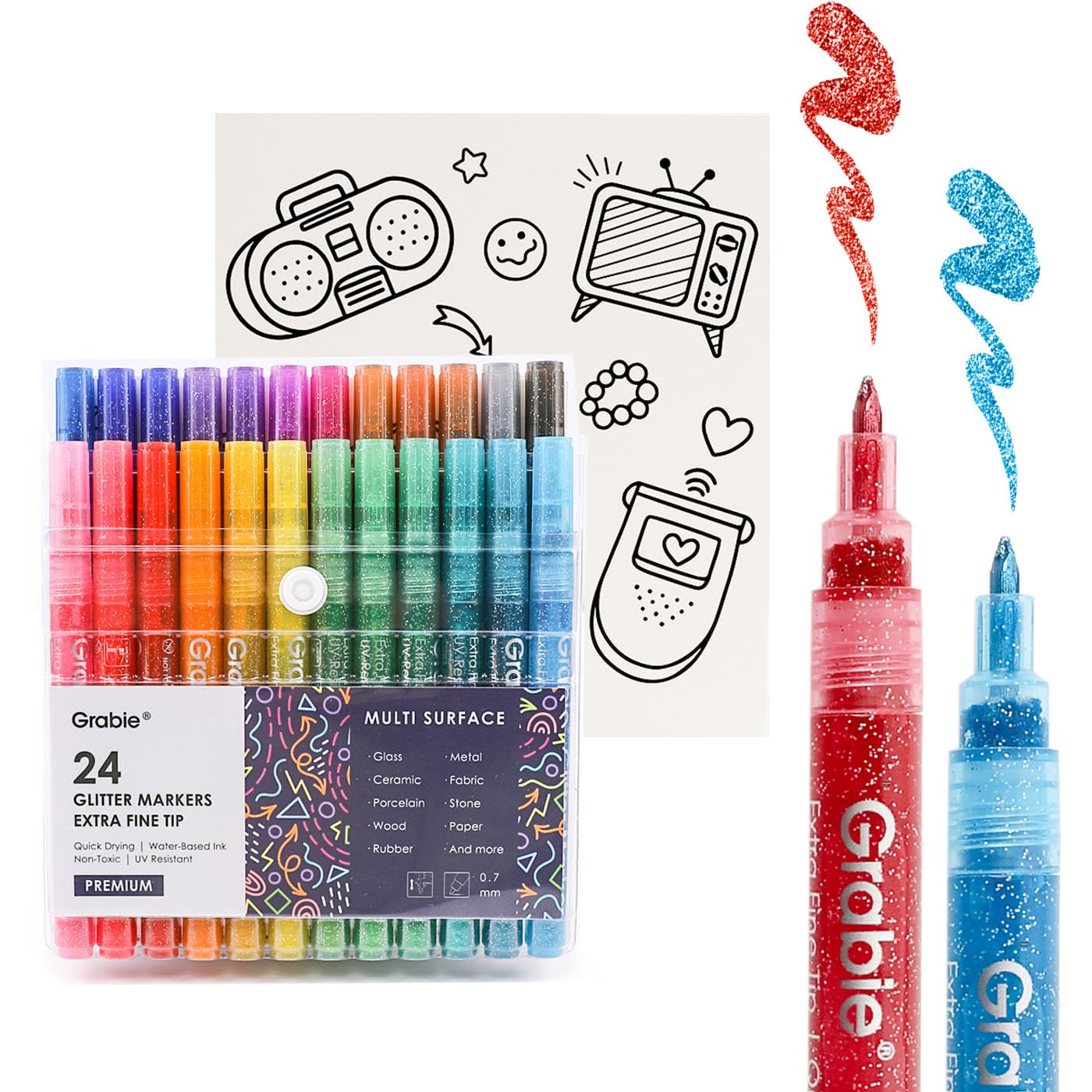 Grabie 24 Colors Glitter Markers Pen, Glitter Metallic Shimmer Marker ...
