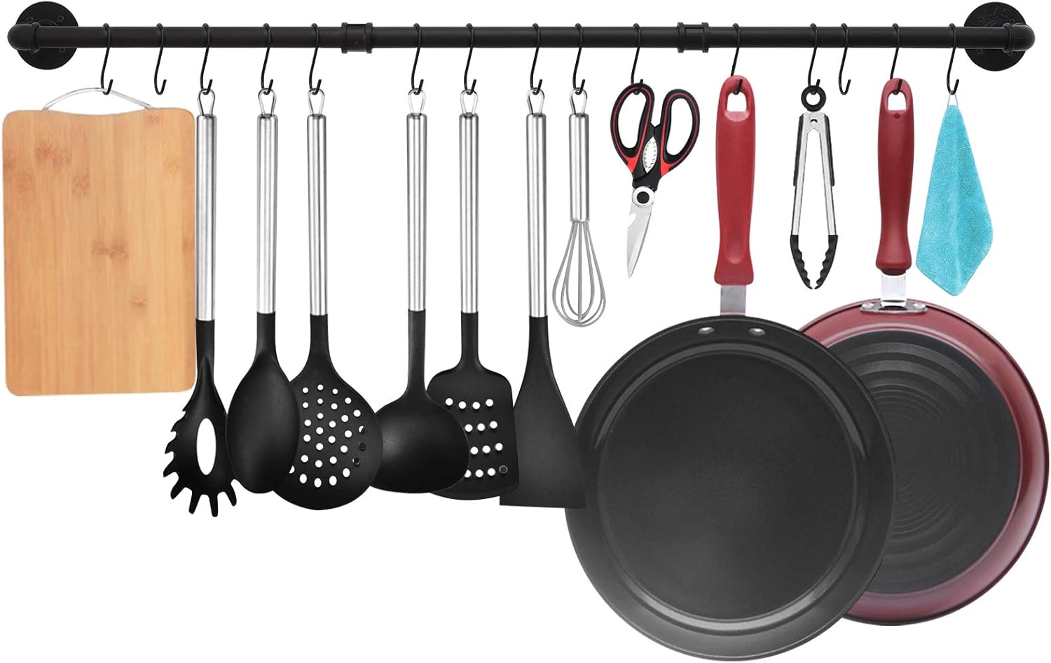 TLBTEK 127cm Black Pipe Pot Bar Rack Wall Mounted Detachable Pans ...