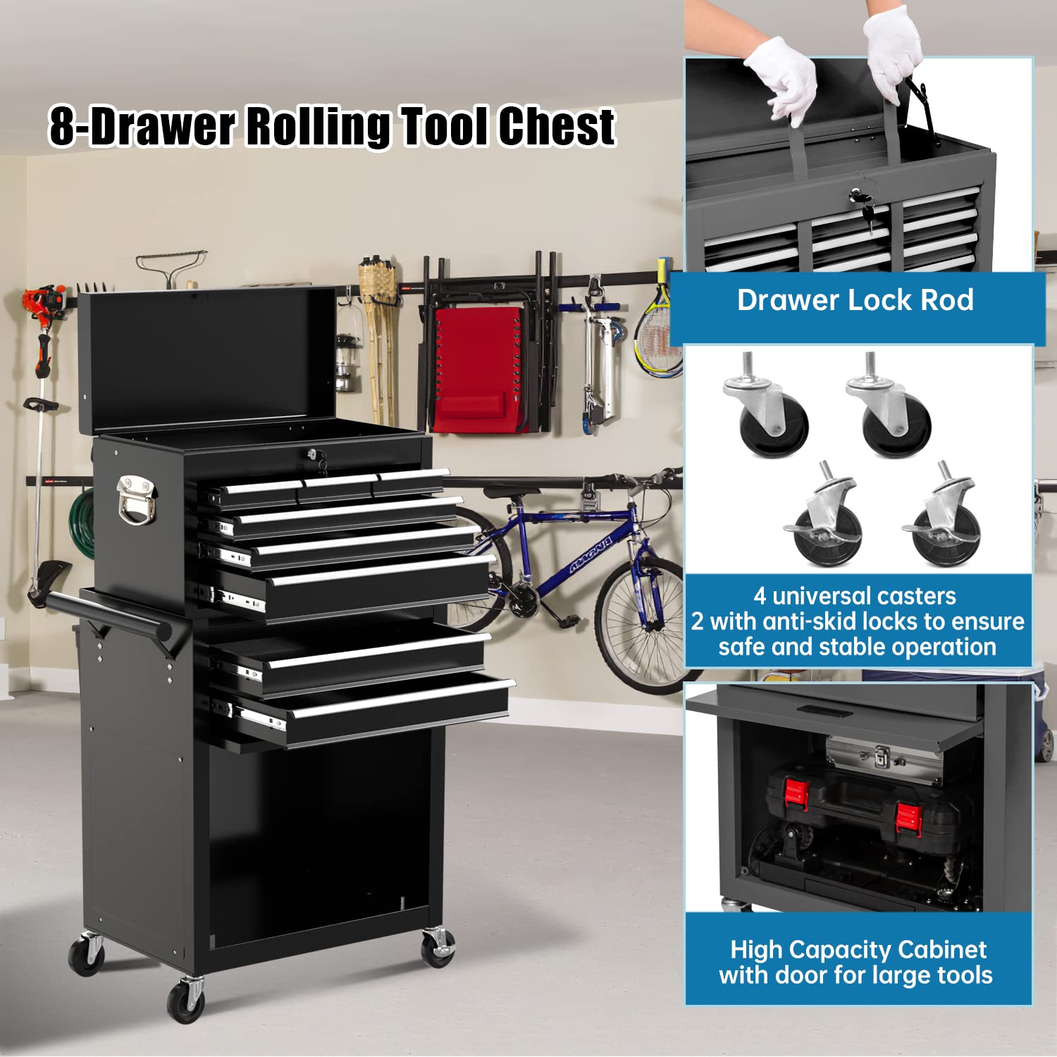 8-Drawers Rolling Tool Box With Wheels,Tool Chest With Drawers,High Capacity Portable Toolbox ...