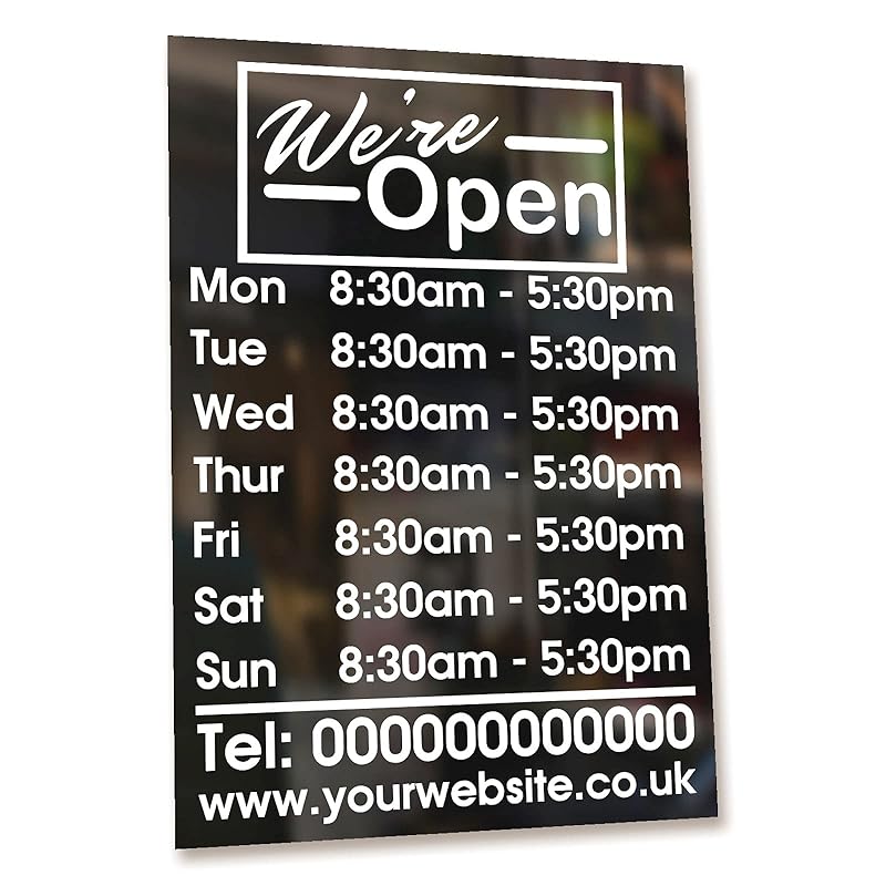 We're Open Custom Personalised Opening Times Hours Shop Door Window ...