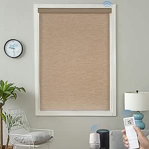 Graywind Motorized Natural Woven Roller Shades Half-Shading Compatible with Alexa Google ...