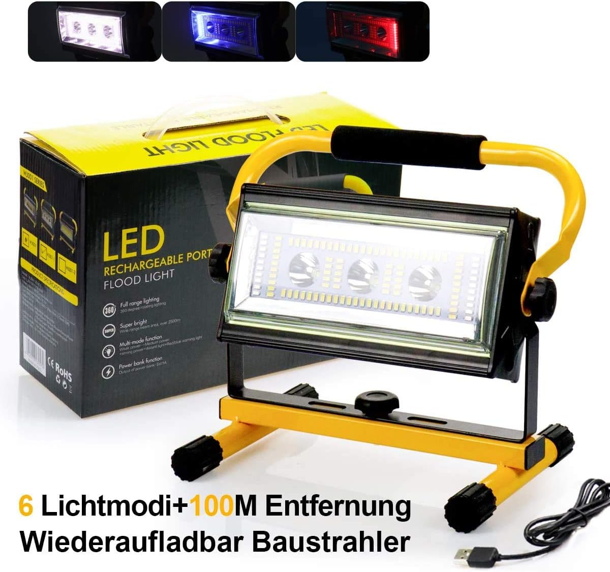Led Baustrahler Akku Strahler - 80W Baulampe Arbeitsleuchte mit 6 ...