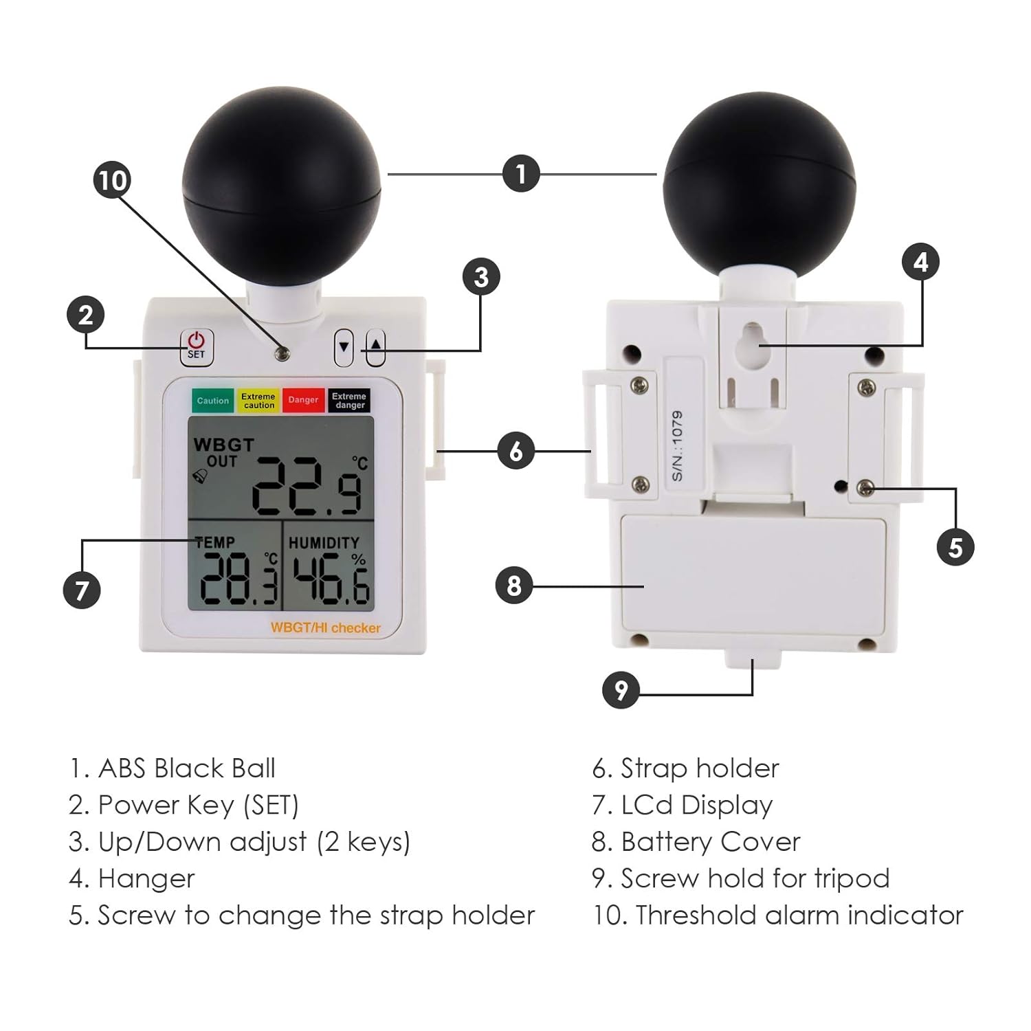 Wearable 2-in-1 WBGT HI Heat Index Checker Wet Bulb Globe Temperature Heat Stress Meter Air ...