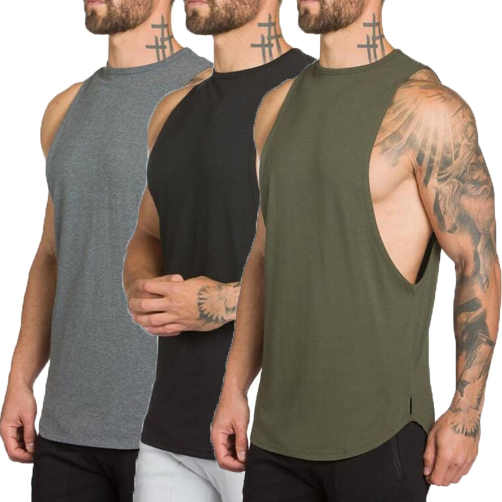 ZUEVI Men's 3 Pack Muscular Cut Off Tank Tops Bodybuilding Fitness ...