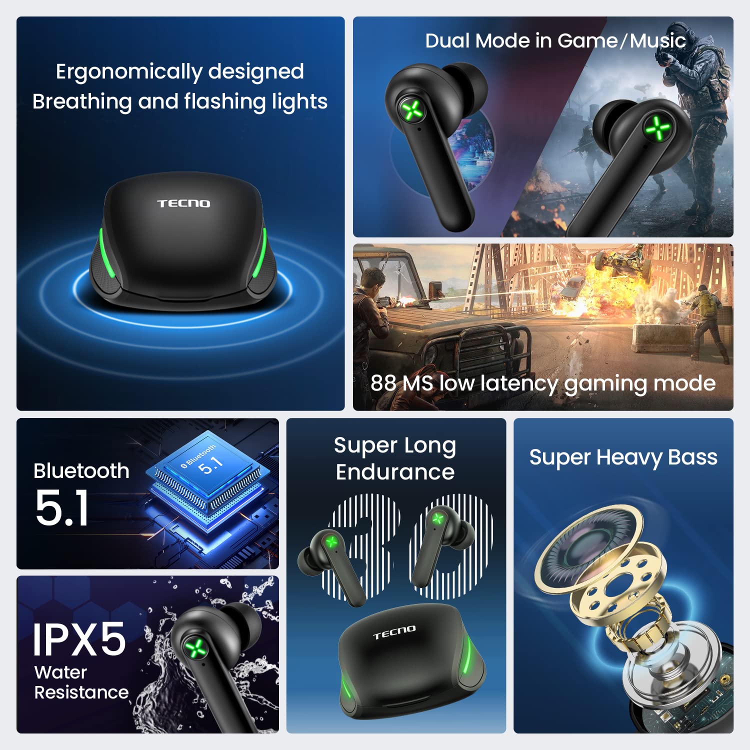 Mua Tecno Wireless Gaming Earbuds with Microphone, 88ms Ultra-Low ...