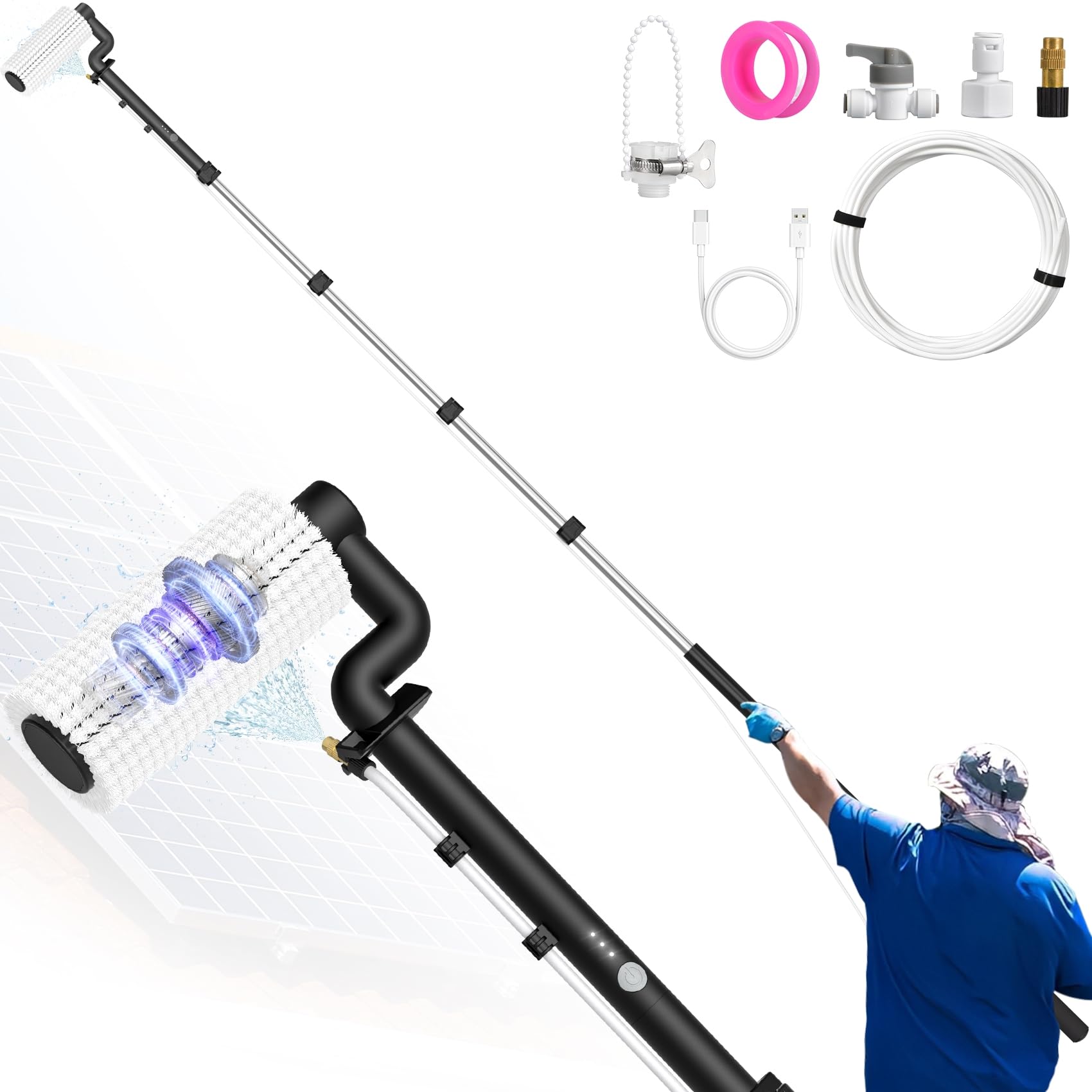 Solar Panel Cleaning Brush and Pole, 20FT Electric Cleaning Roller ...