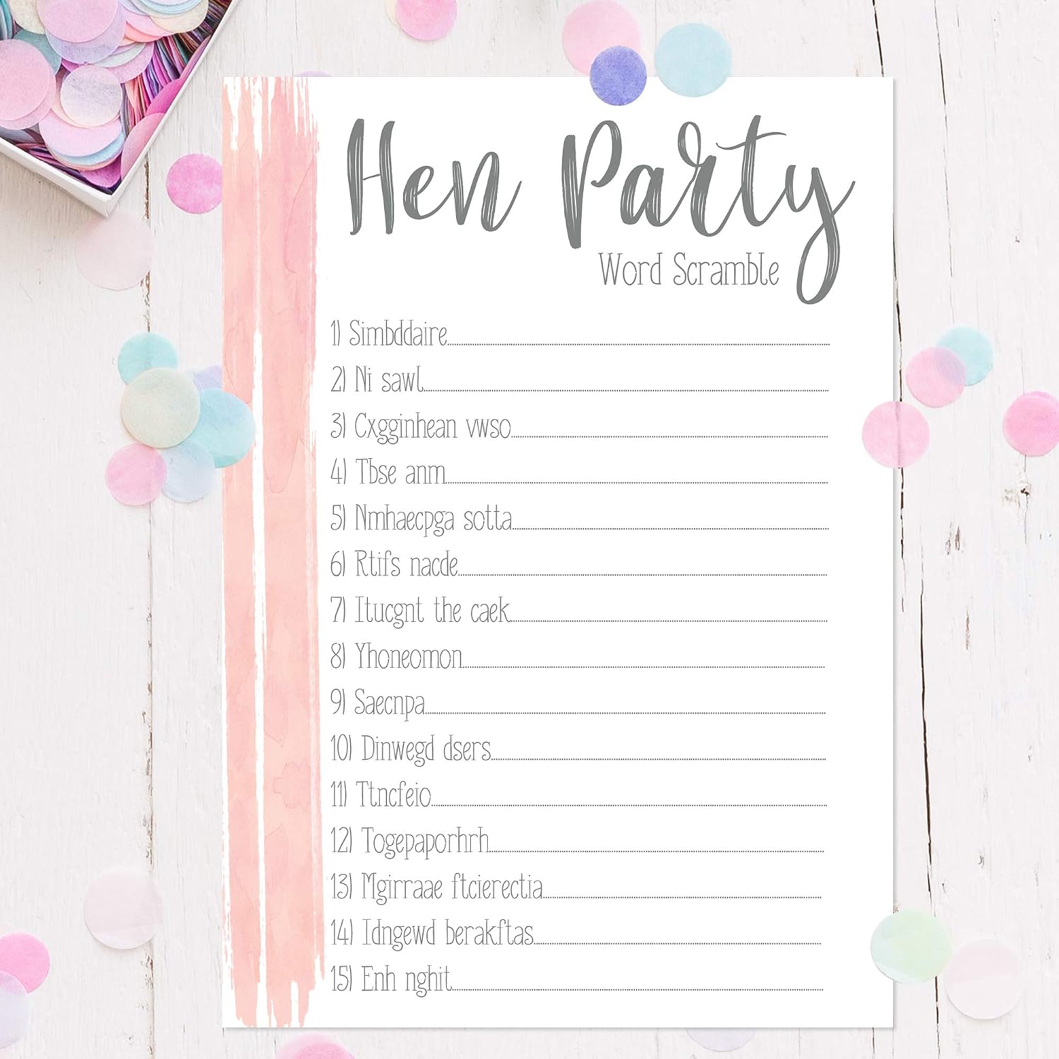 Hen Party Word Scramble Game Pink Swash Design Hen Party Accessories ...