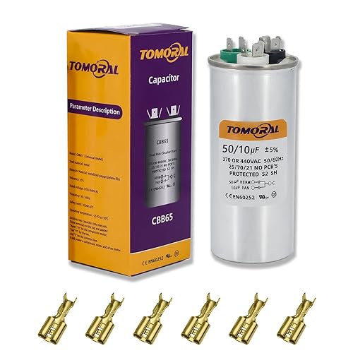50/10 uF Capacitor for AC, 50+10 MFD ±5% 370V/440V CBB65 Dual Run ...