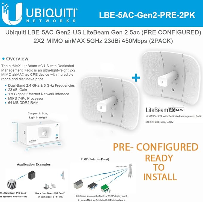 Amazon.com: LiteBeam Gen 2 AC LBE-5AC-Gen2-US Pre-Configured 2X2 MIMO ...