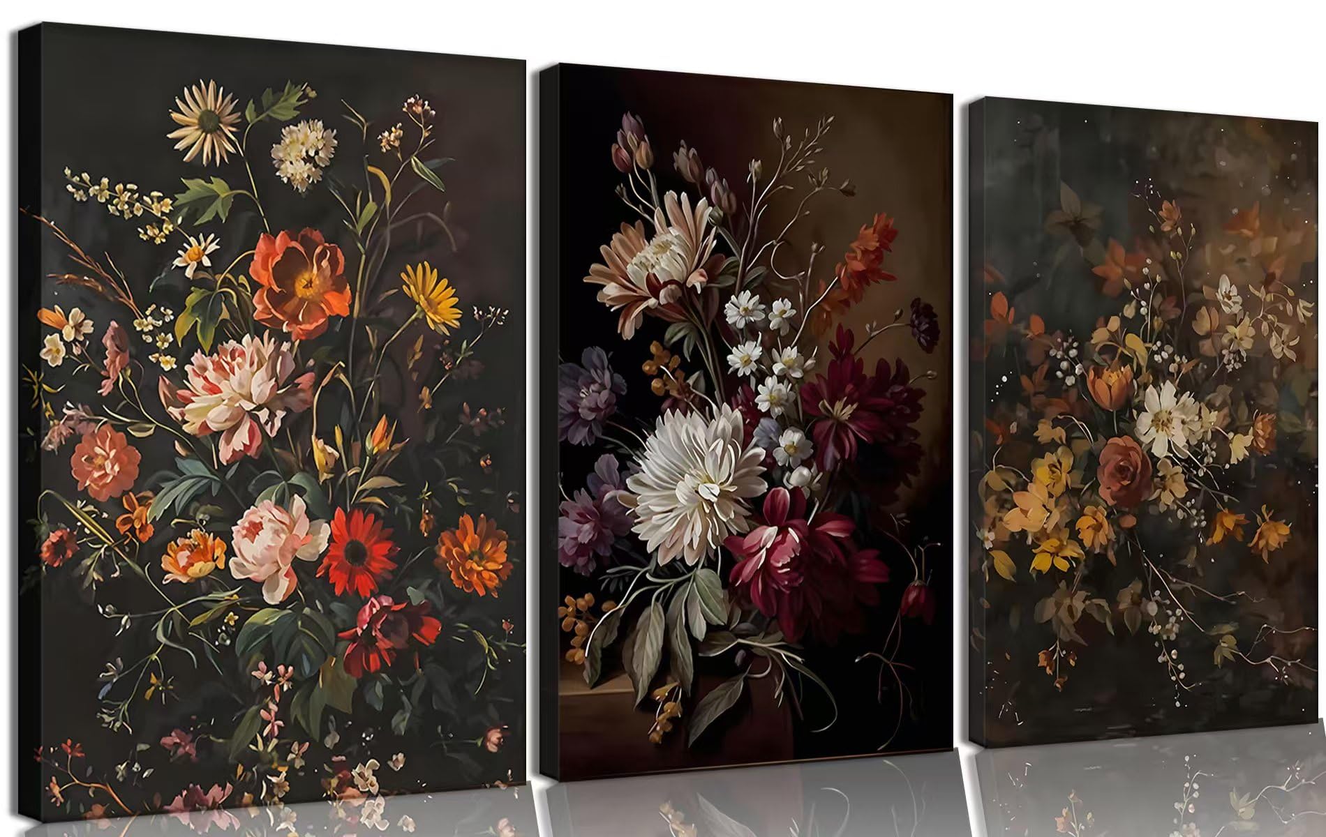 Framed 3Pcs Dark Floral Canvas Wall Art Set Dark Academia Flower Prints Vintage Botanical Wall ...