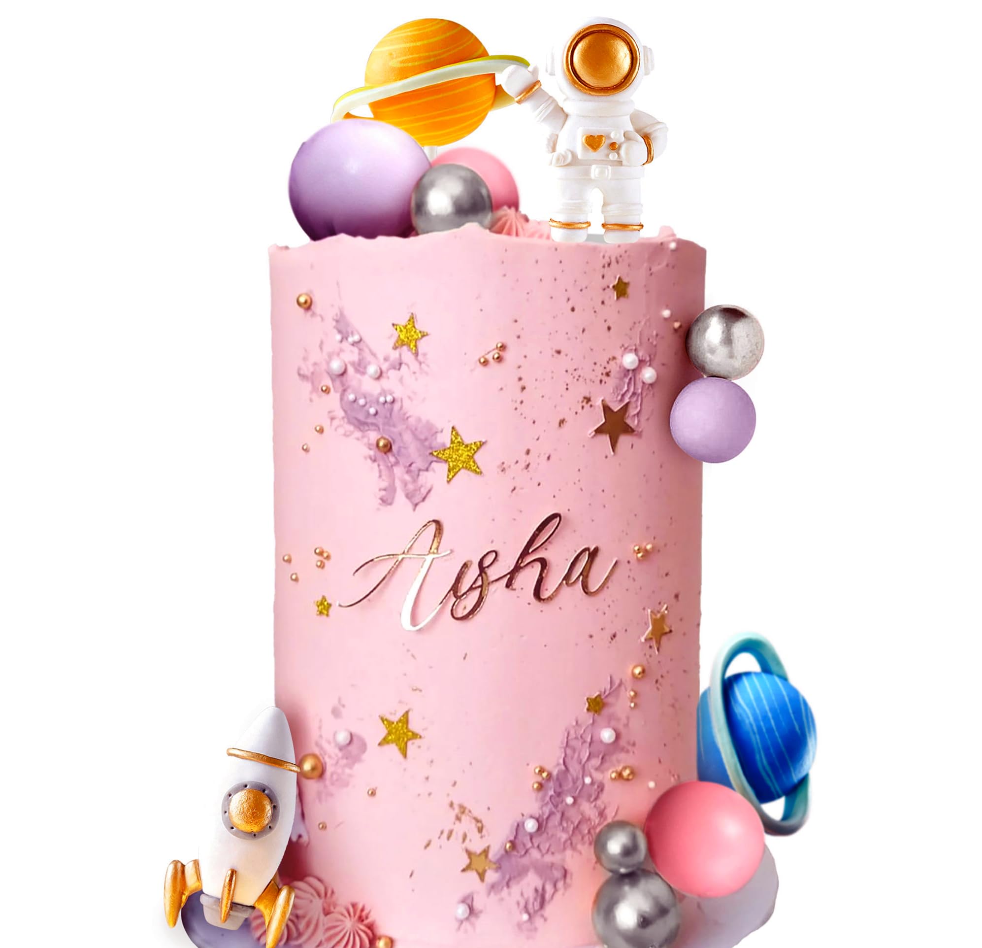 LaVenty Pink Space Cake Toppers Outer Space Astronaut Rocket Stars Cake ...