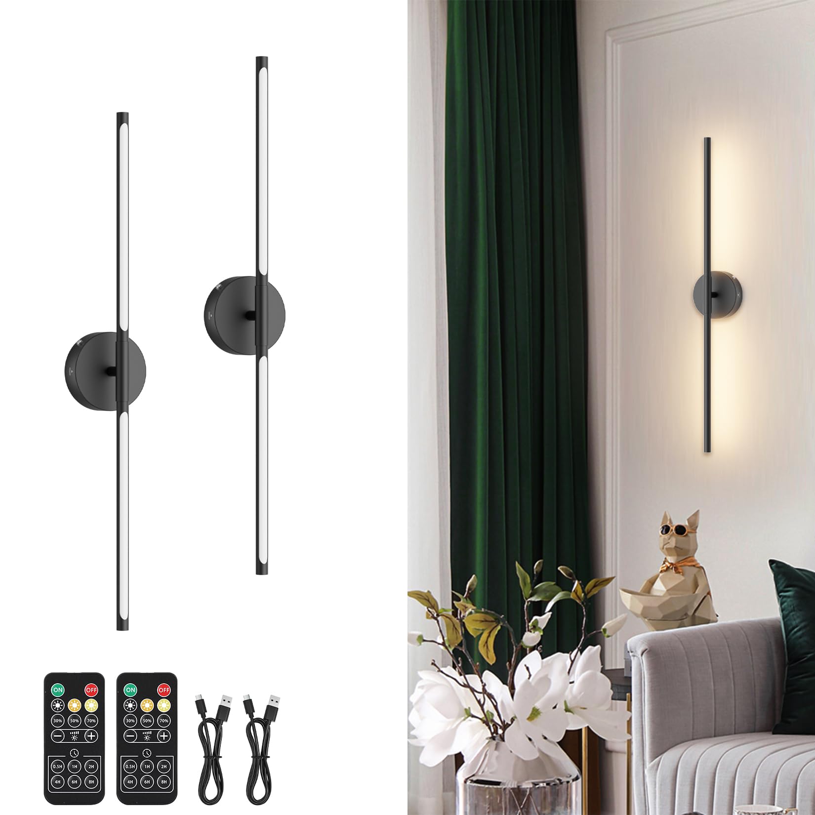 Tipace Black LED Battery Operated LED Wall Sconces Set of Two,28in ...