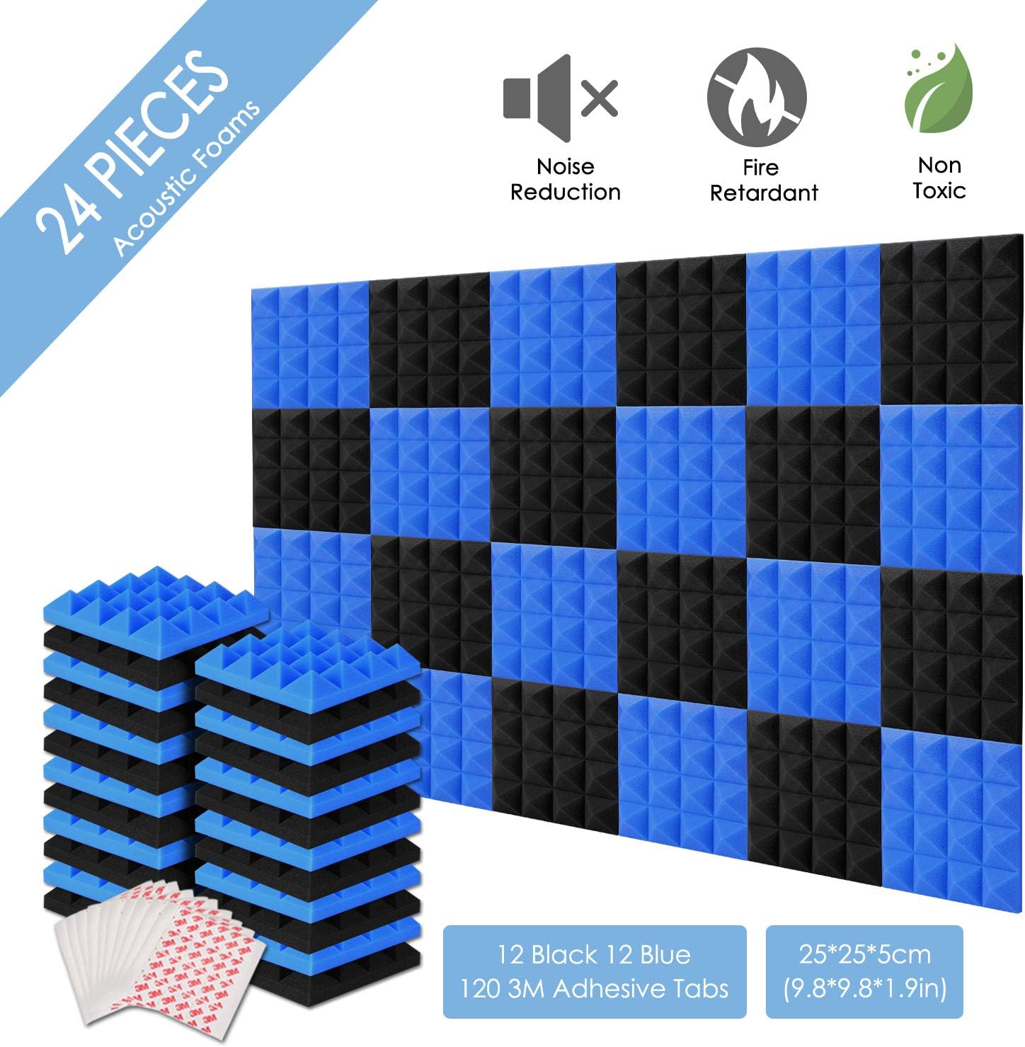 Sound Proof Padding, AGPtEK 24 Packs Soundproof Foams 25x25x5CM Blue ...