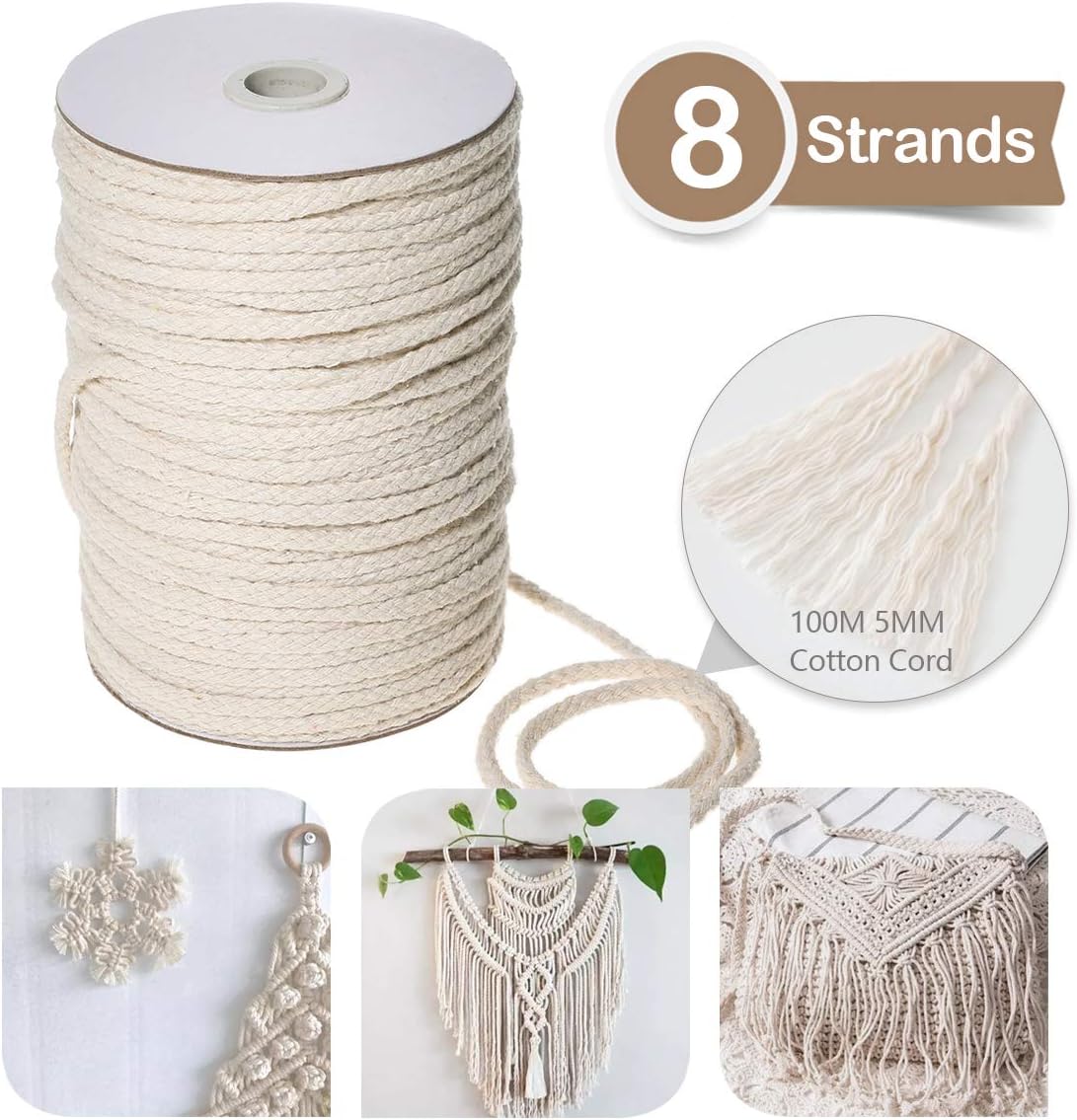 Jeteven Macrame Cord, 5mm 328 Feet Natural Cotton Macrame Rope for ...