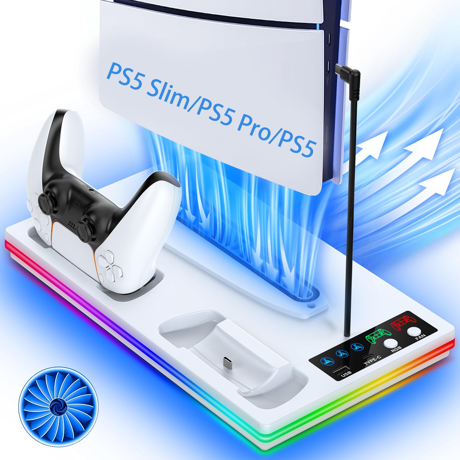 PS5/PS5 Slim/PS5 Pro Stand and Cooling Station with Controller Charging ...