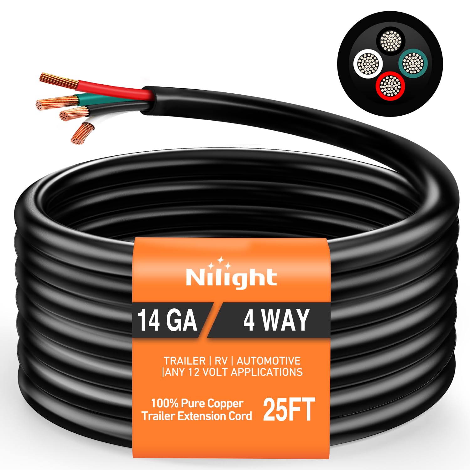 Mua Nilight 25 Feet 4 Way Trailer Wire Extension Cable 14 Gauge 4 ...