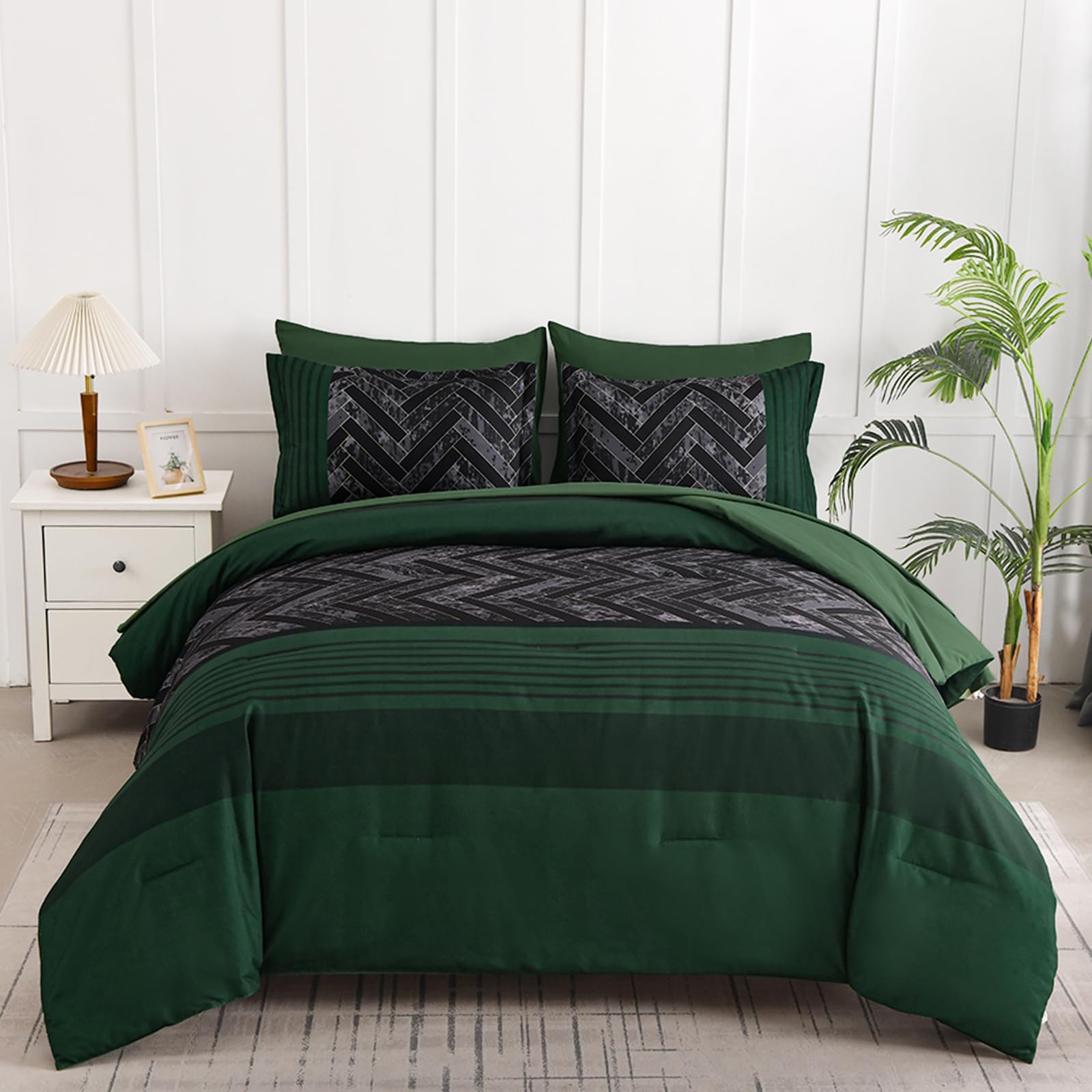 Luxudecor Emerald Green Comforter Set Queen Size, 7 Pieces Stripe ...