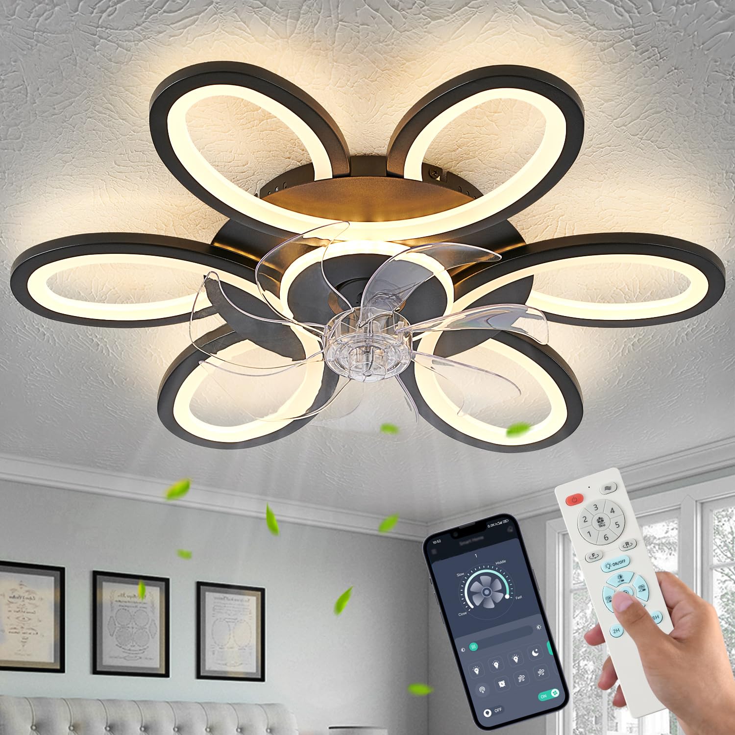Black-Star ring Ceiling Fans with Lights and Remote, 27 Inch Modern Low ...