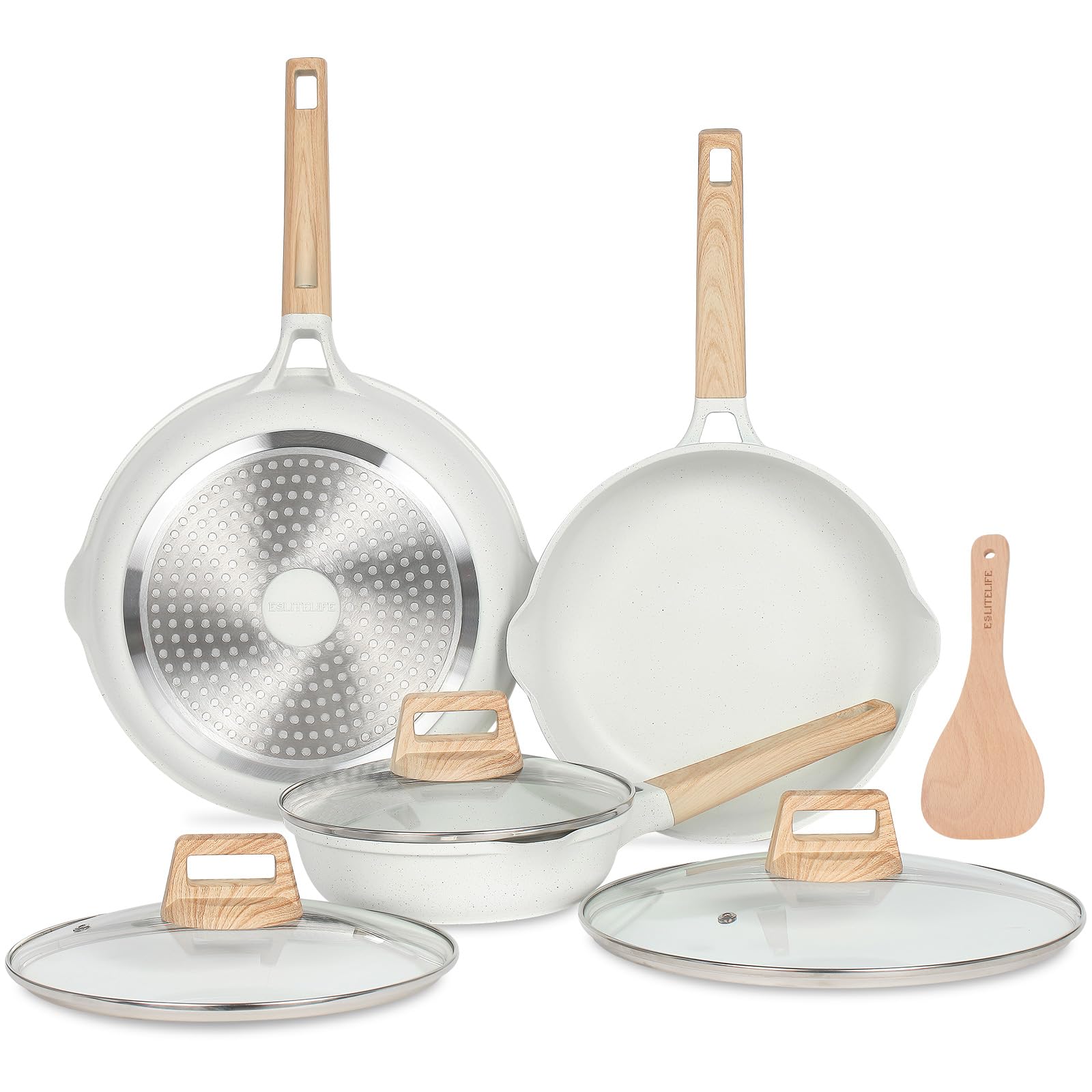 ESLITE LIFE Nonstick Frying Pan Skillet Set with Lids, Healthy Granite ...