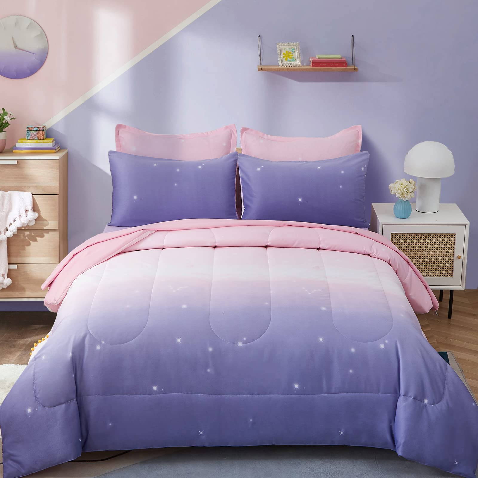 Girls Comforter Set Full Size Colorful Ombre Pink Purple Rainbow ...