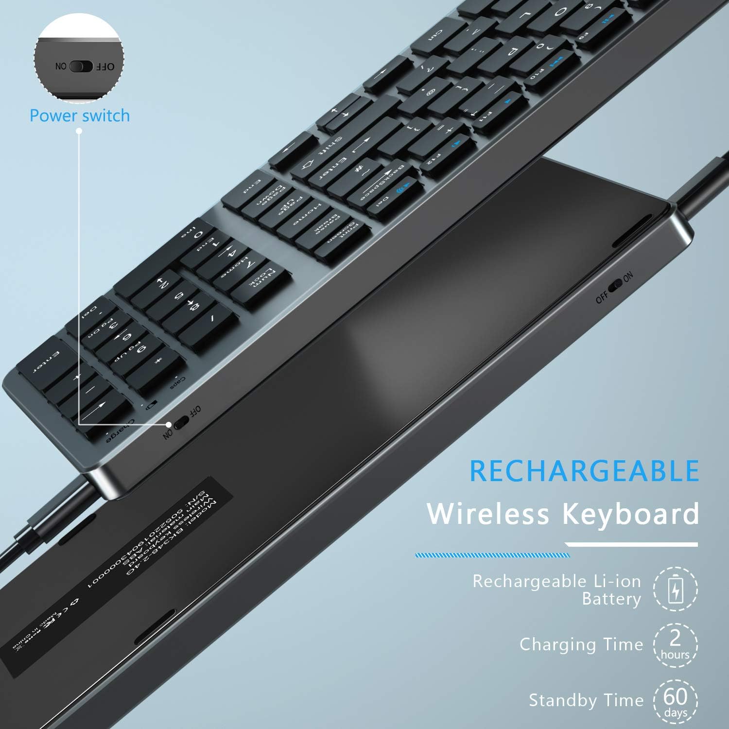 Wireless Keyboard, 2.4GHz Ultra Slim Rechargeable Wireless Keyboard ...