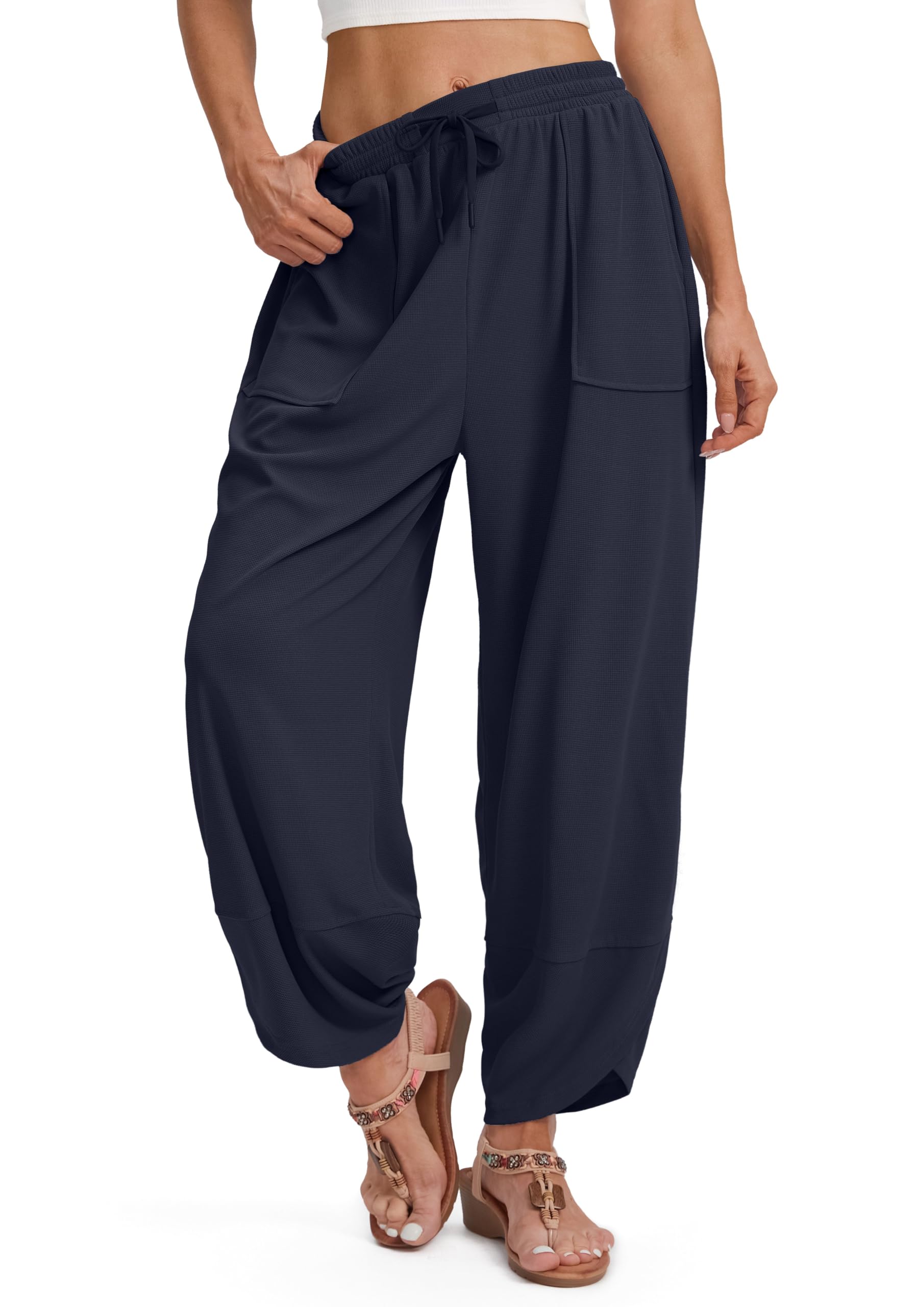 SANTINY Wide Leg Pants Woman Baggy Lightweight Waffle Knit Casual ...