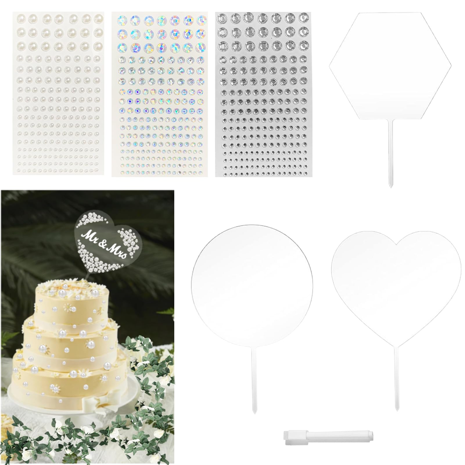 Acrylic Cake Topper,Rhinestones and Pearls Stickers,3 Shapes Blank ...