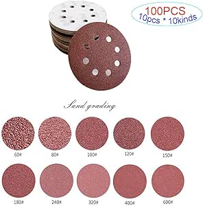 100 Pieces 5 Inch with 8 Holes Dustless Hook-and-Loop Circular Sanding ...