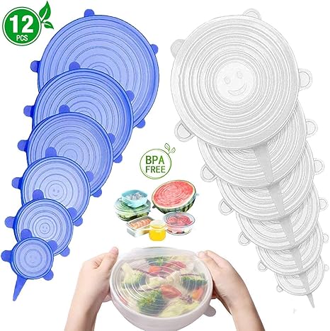 Silicone Stretch Lids, 12 PCS Reusable Silicone Food Cover Wrap, BPA ...