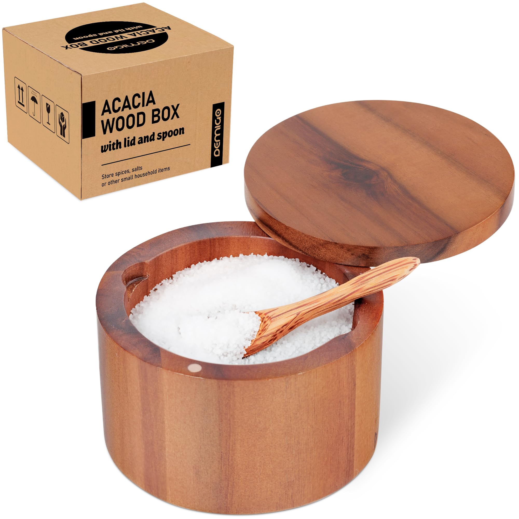 9-ounce Salt Cellar with Spoon and Swivel Lid, Acacia Wood Salt & Spice ...