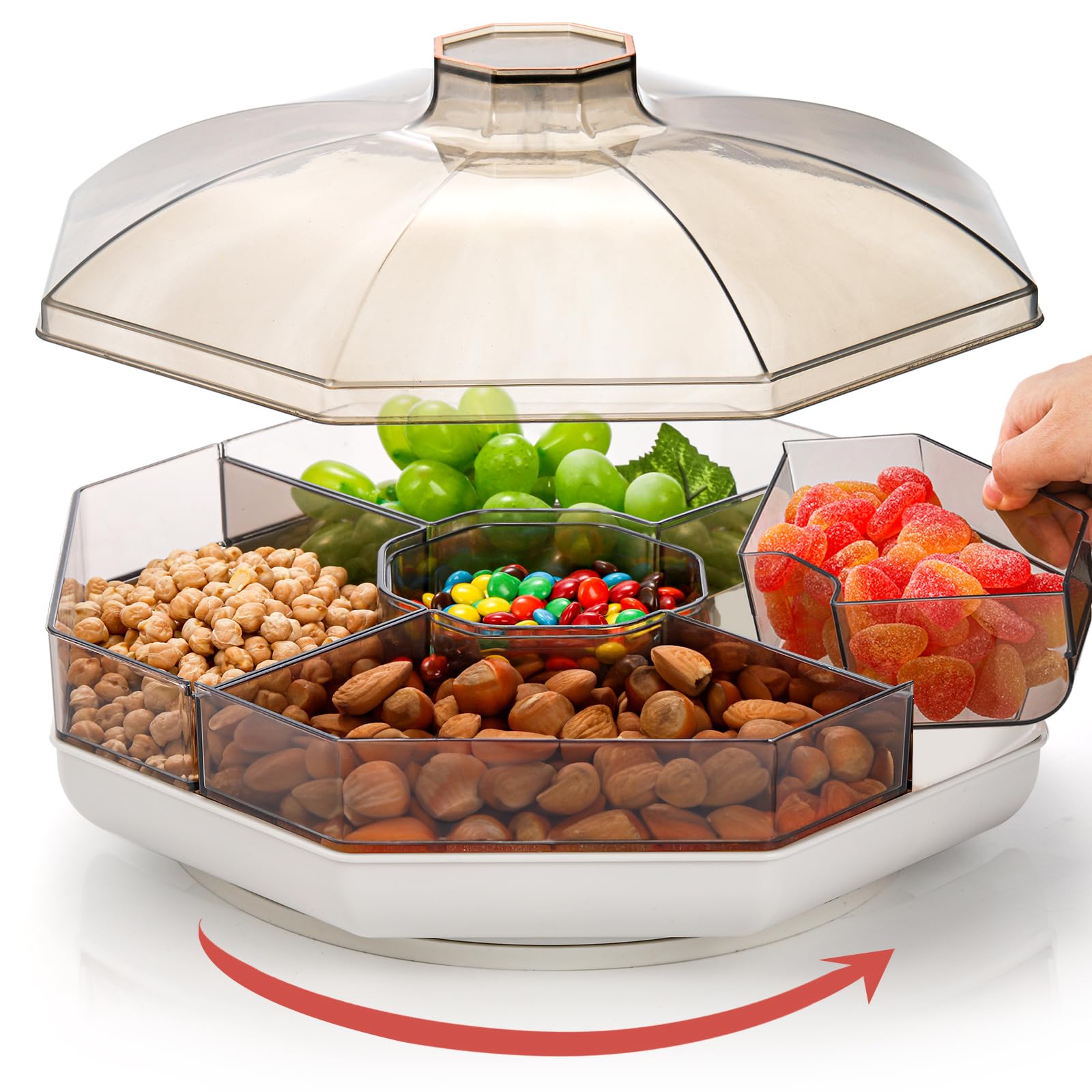 Noamus Rotating Snack Serving Tray with Lid, 11" Plastic Divided ...