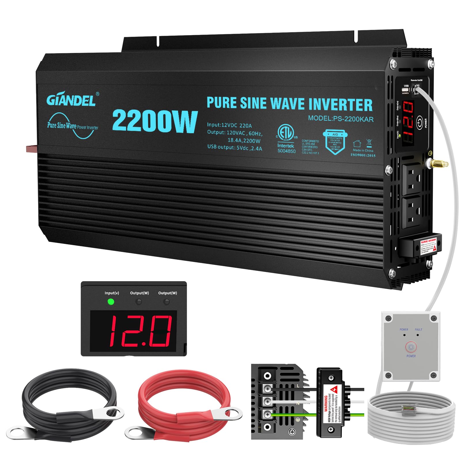 GIANDEL Pure Sine Wave Power Inverter 2200Watt ETL UL458 Listed DC 12V ...