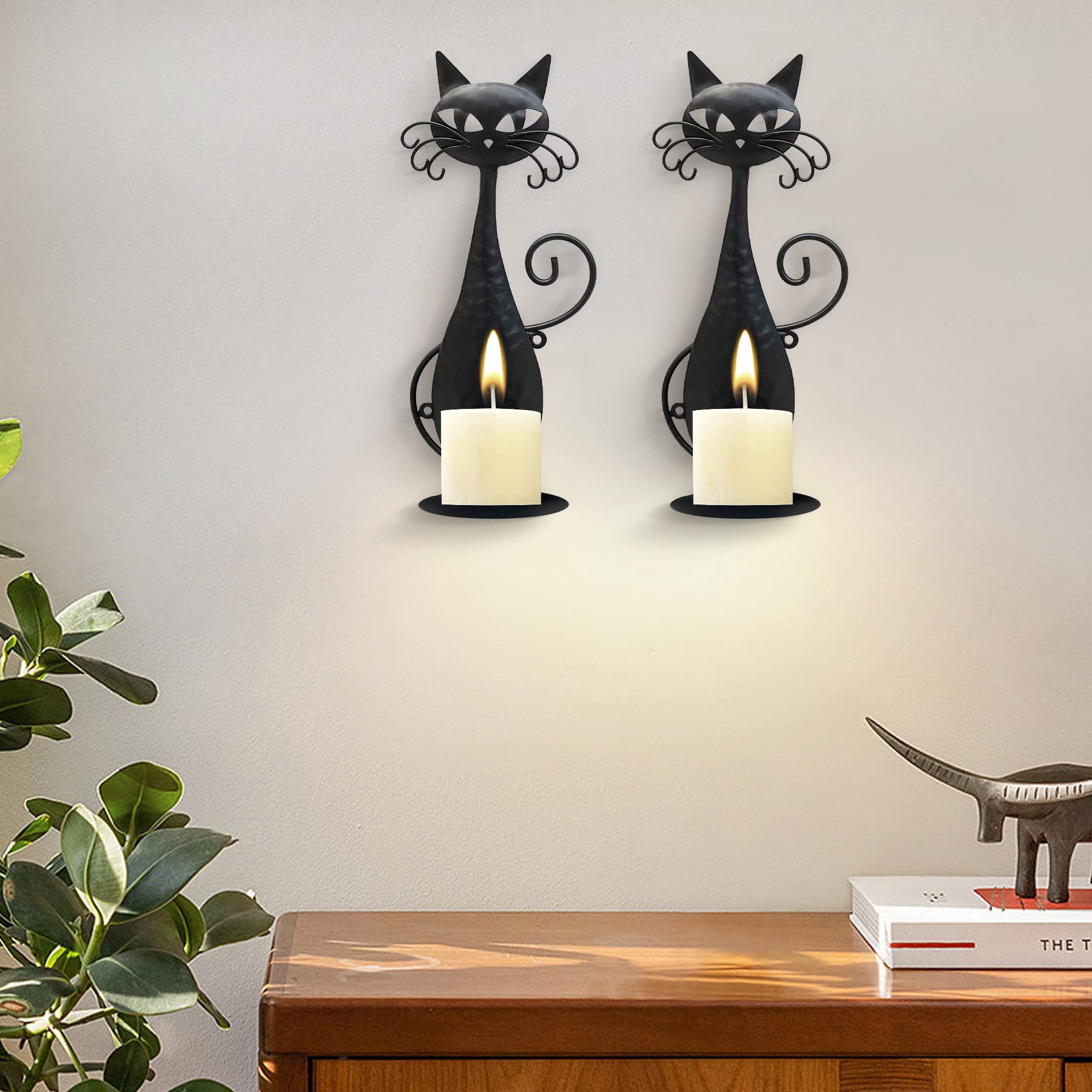 OFILLES Black Metal Cat Wall Candle Sconces Holder for Pillar Candles ...