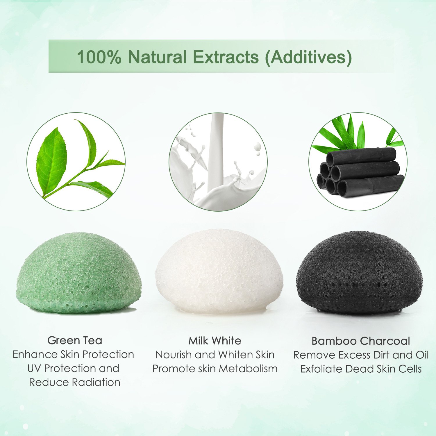 Akimo Konjac Facial Sponge - 3 Pack Natural Activated (Milk, Green Tea and Bamboo Charcoal) Face ...