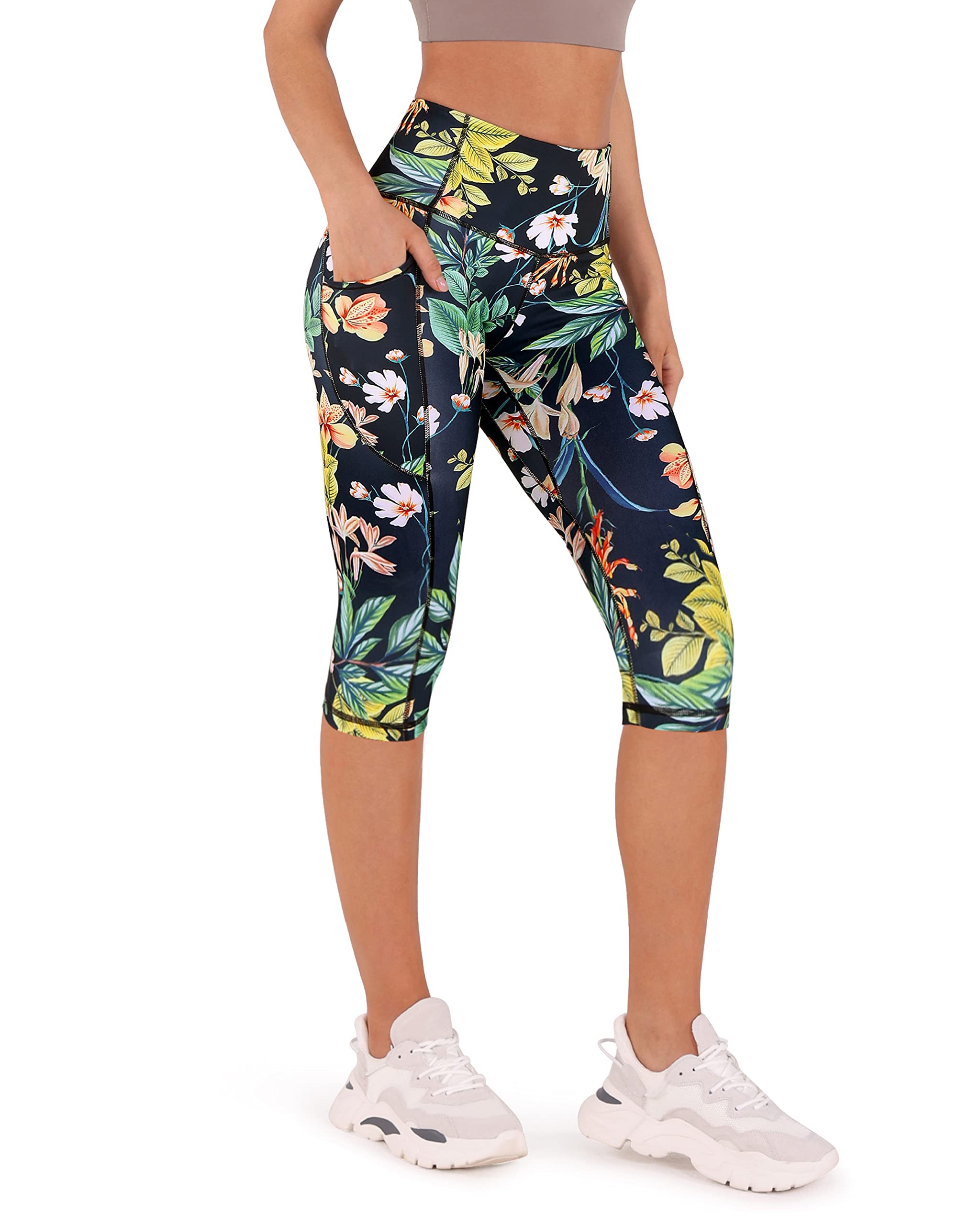 ODODOS Women's High Waisted Printed Yoga Capris with Pocket, Tummy ...