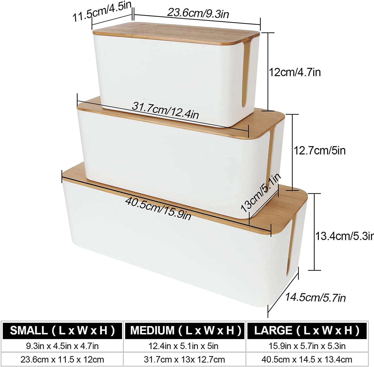 STARVAST Cable Management Box with Wooden Lid | Set of 3 White Large ...