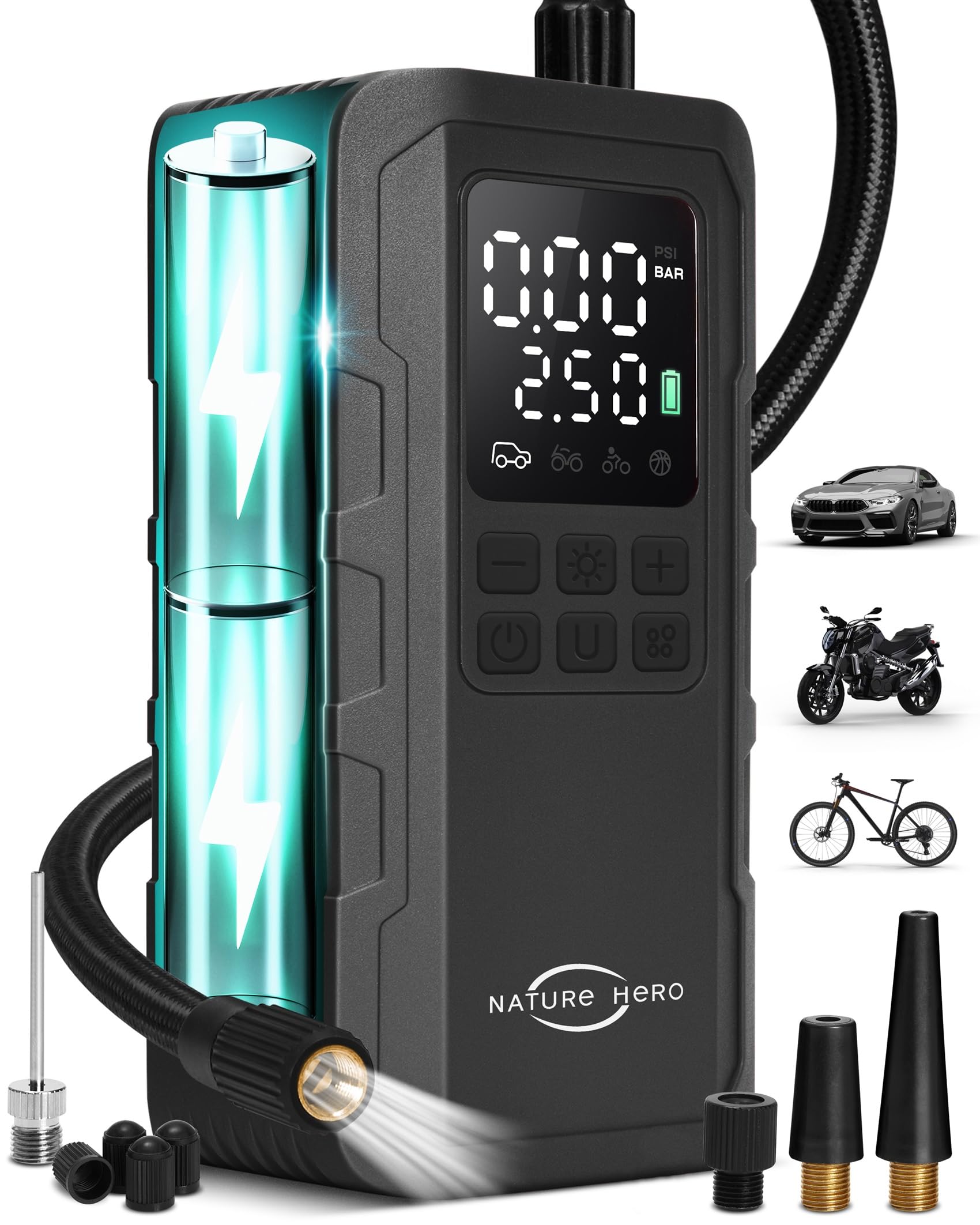 NATURE HERO Tire Inflator Portable Air Compressor,150 PSI car tire air ...