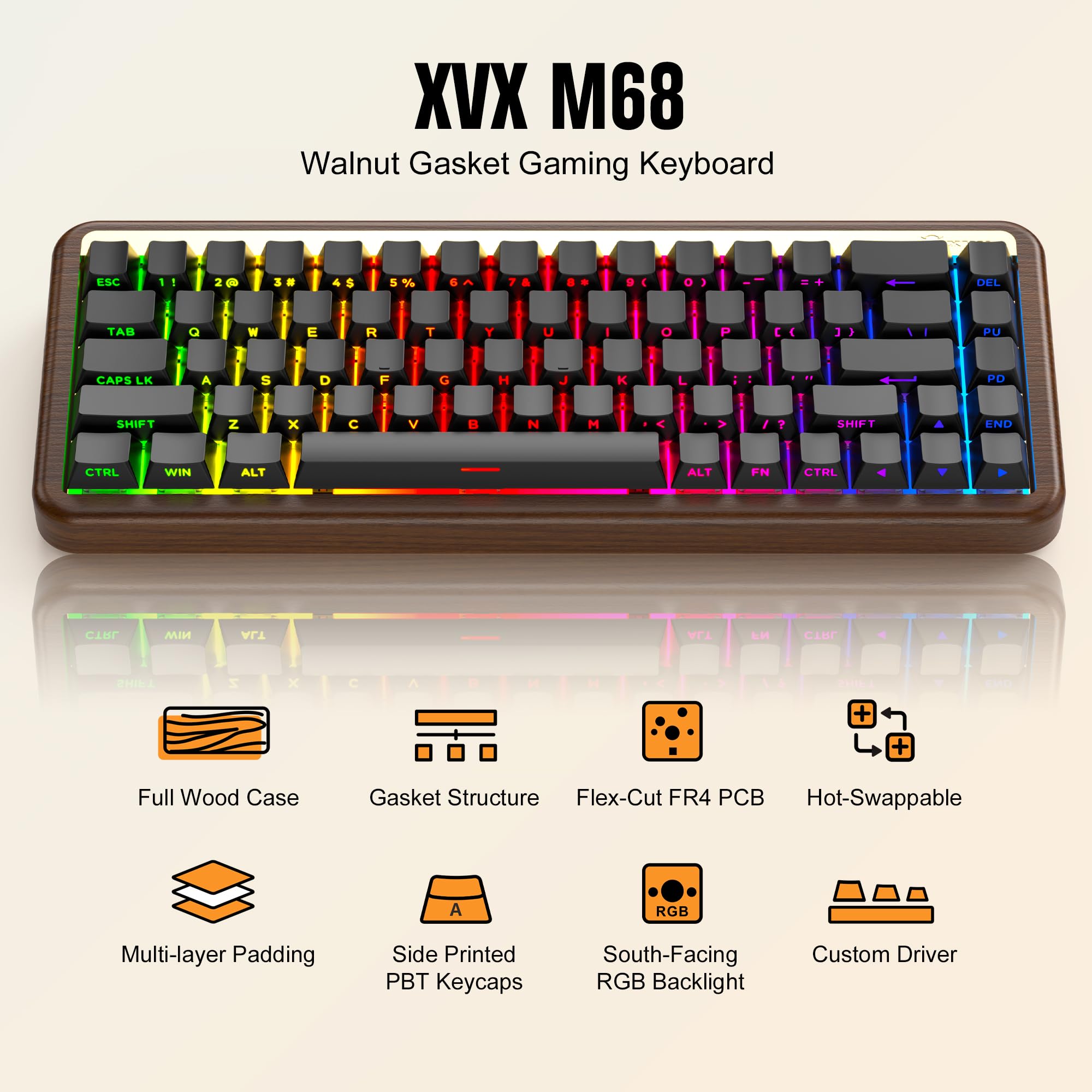 Mua XVX M68 60% Keyboard with Walnut Wooden Case, Gasket-Mounted Retro ...