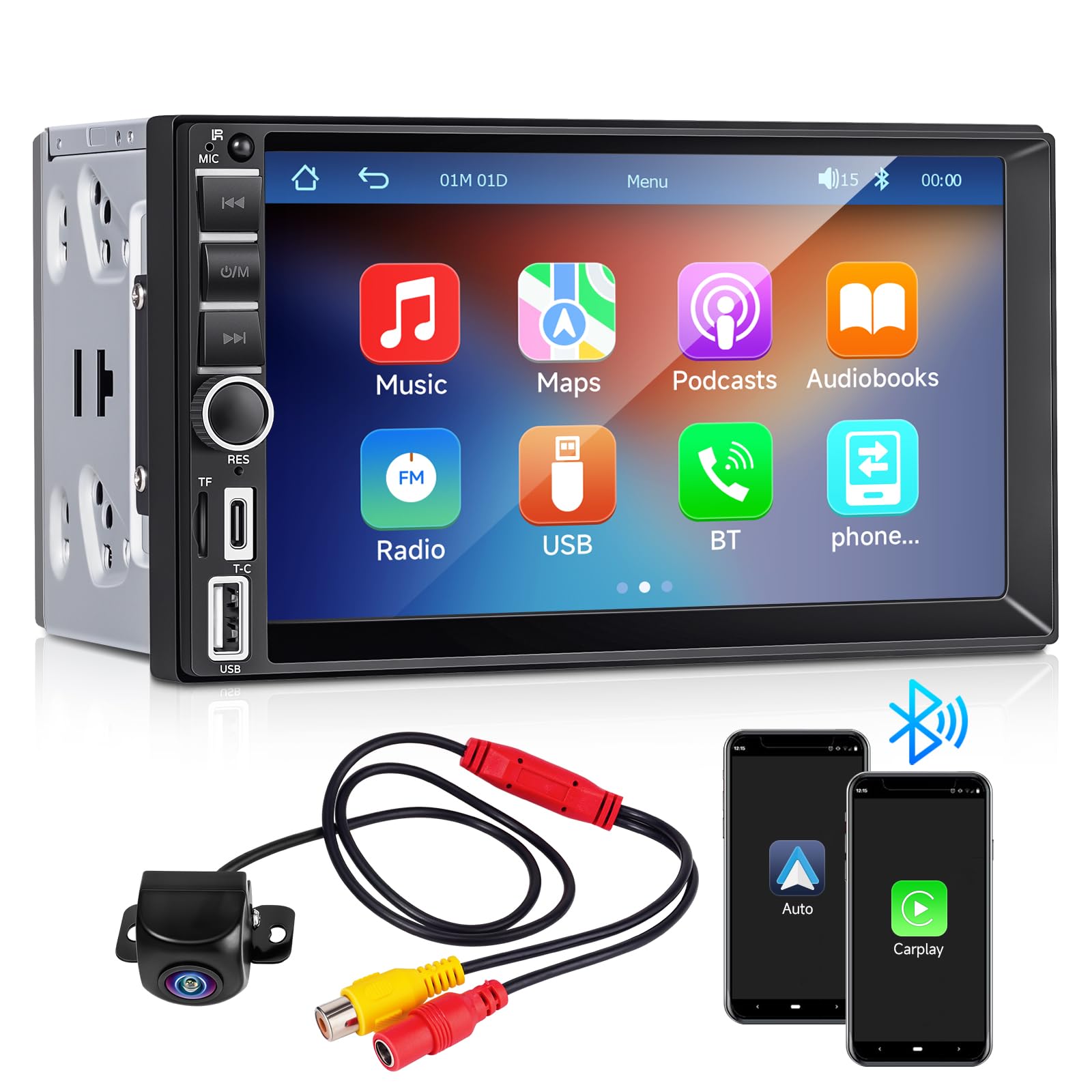 LUSSUVOX Wireless 7 Inch Double Din Car Stereo with Apple CarPlay & Android Auto, HD Touchscreen ...
