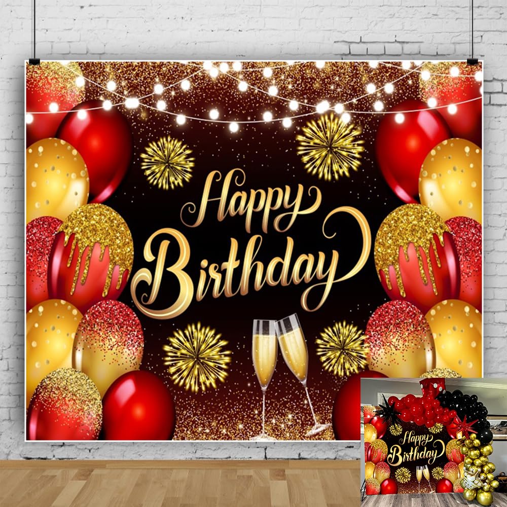 Red Birthday Backdrop 10x8ft Red and Gold Happy Birthday Photography ...