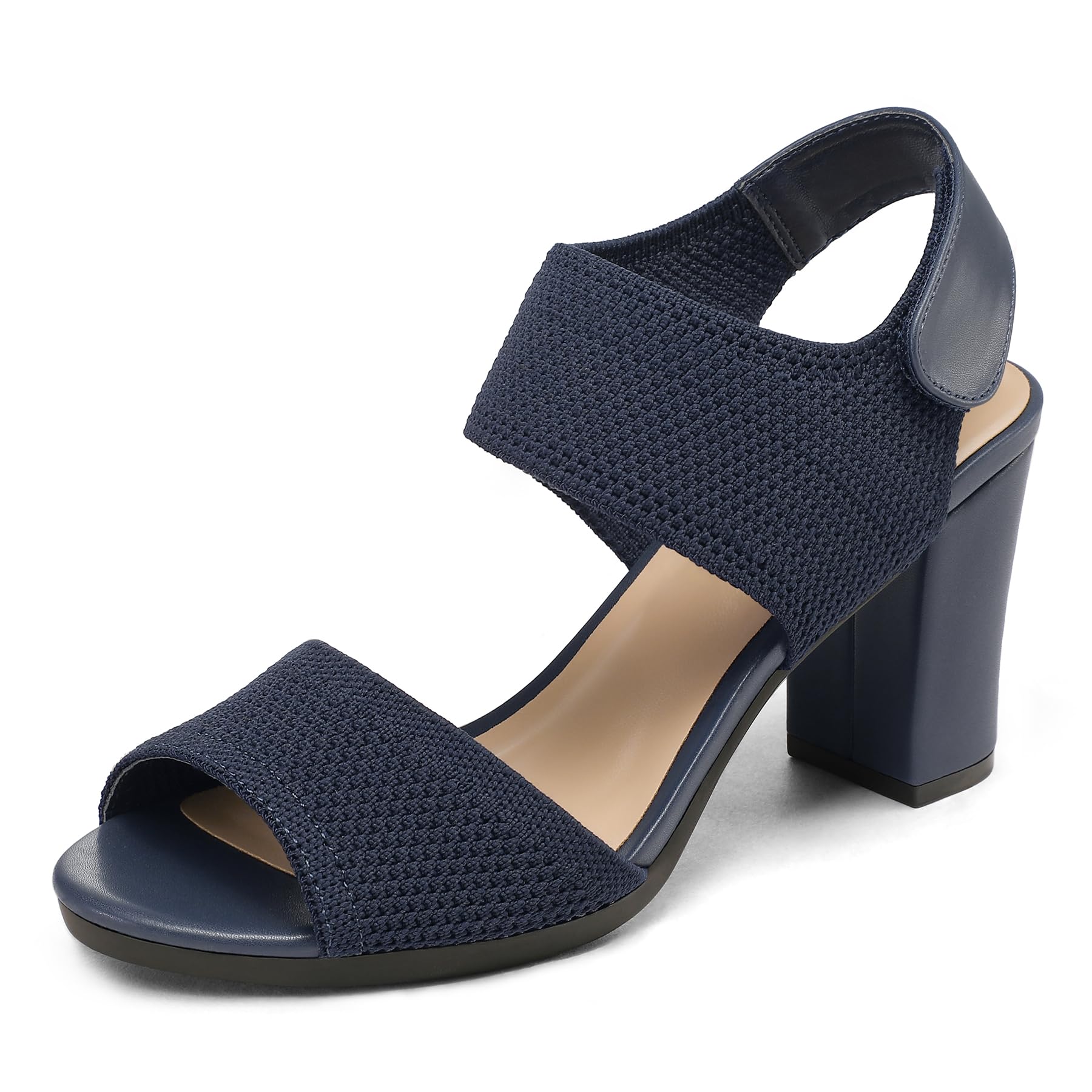 mysoft Women's Chunky Block High Heels Elastic Knit Open Toe Slingback ...