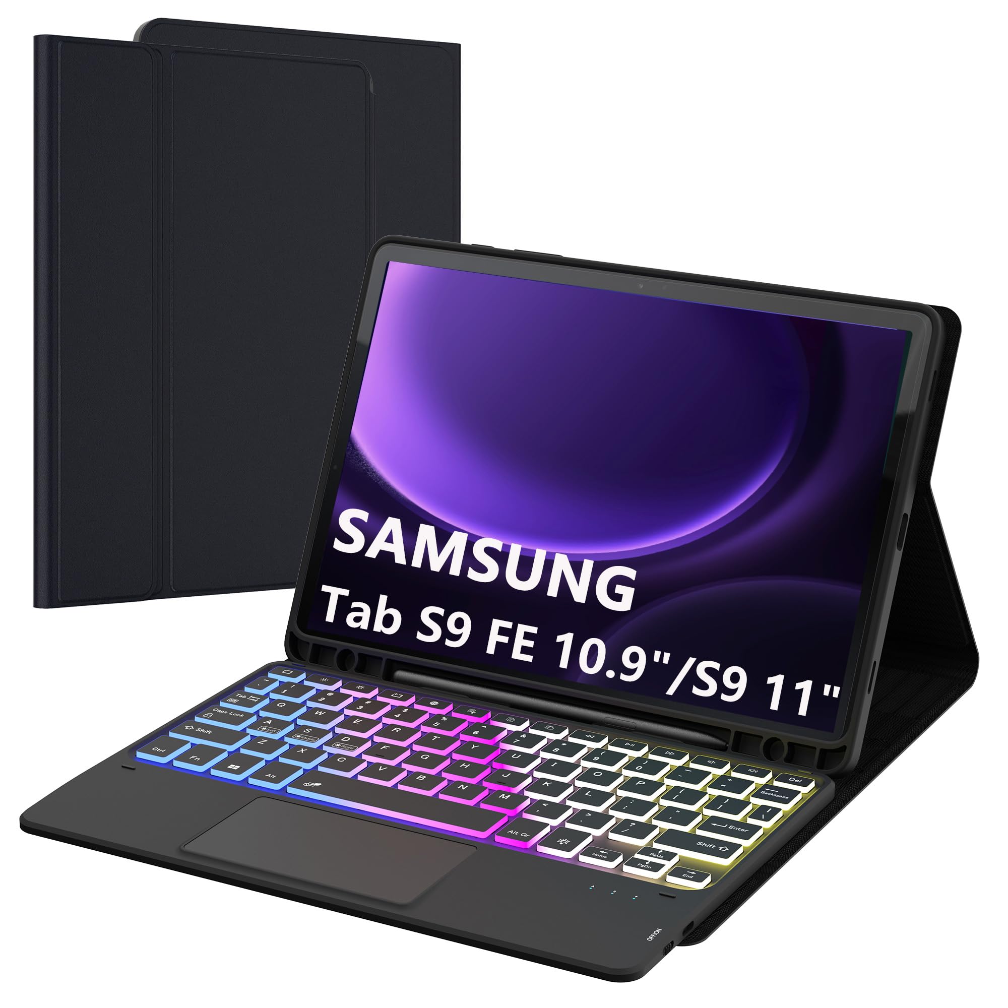 for Samsung Galaxy Tab S9 FE 10.9"/S9 11" Keyboard Case: 3 Zone 7 Colors Backlit Trackpad ...