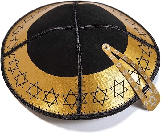 16cm Volwassen Joodse lederen zwart gouden Davidster Kipa Kippah ...