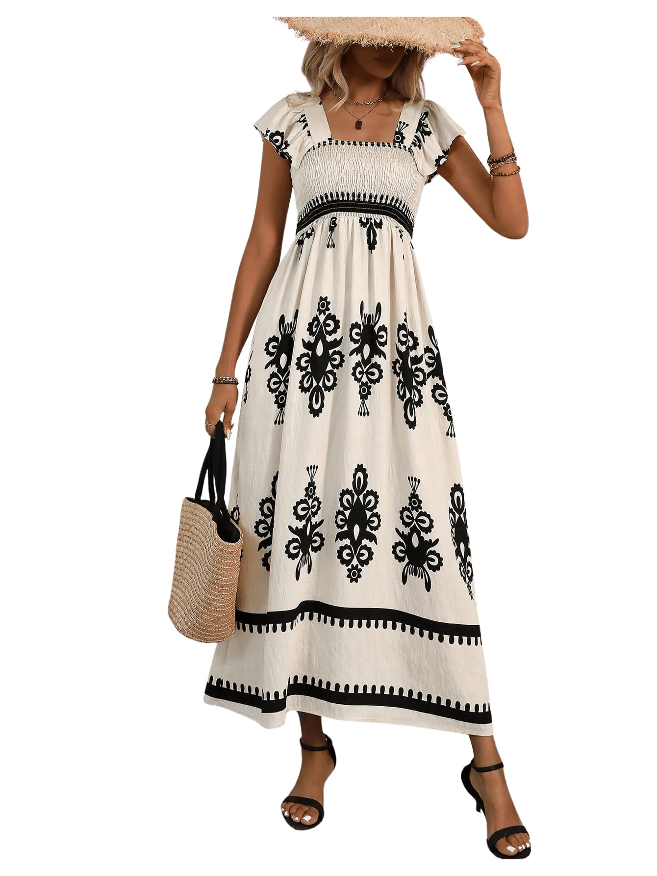 SHENHE Women's Square Neck Flutter Sleeve Smocked Dress Tribal Print Flowy Maxi Boho Sundress ...