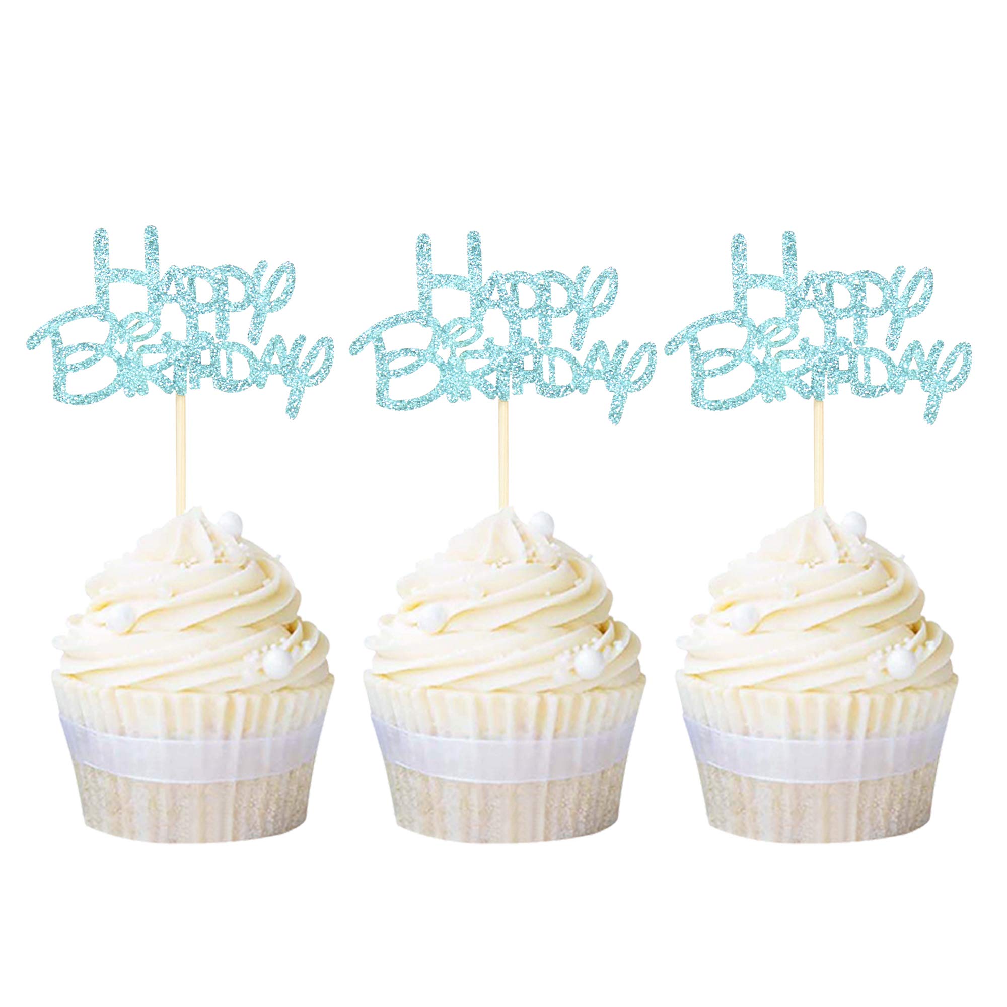 Buy Ercadio 24 Pack Happy Birthday Cupcake Toppers Blue Glitter Cupcake ...