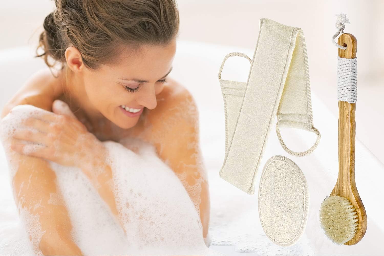 Body Brush Back Scrubber Loofa Sponge 3 in 1 Bath Brush Set Shower ...