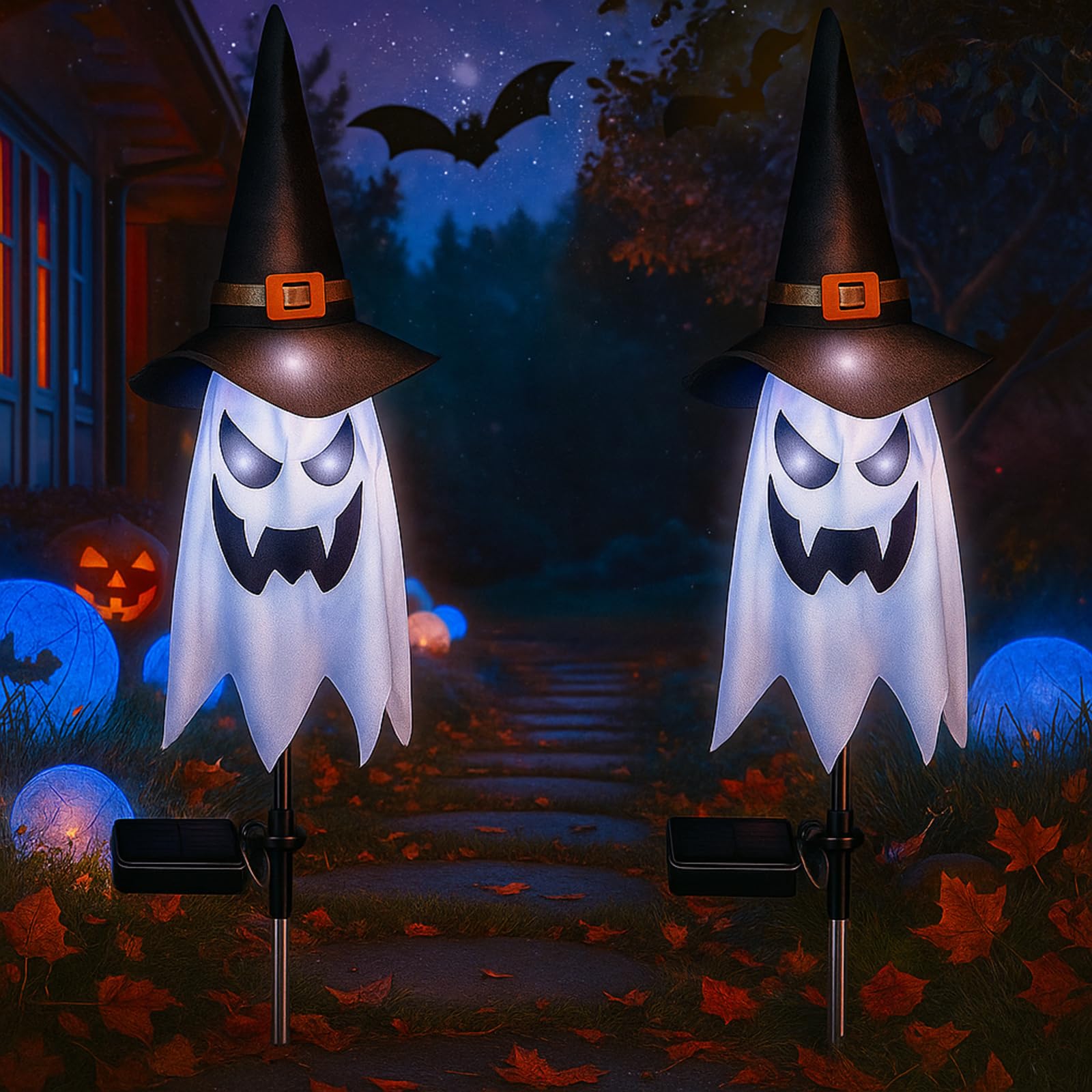 Riakrum 2 Pcs Halloween Solar Pathway Lights Solar Halloween Ghost ...